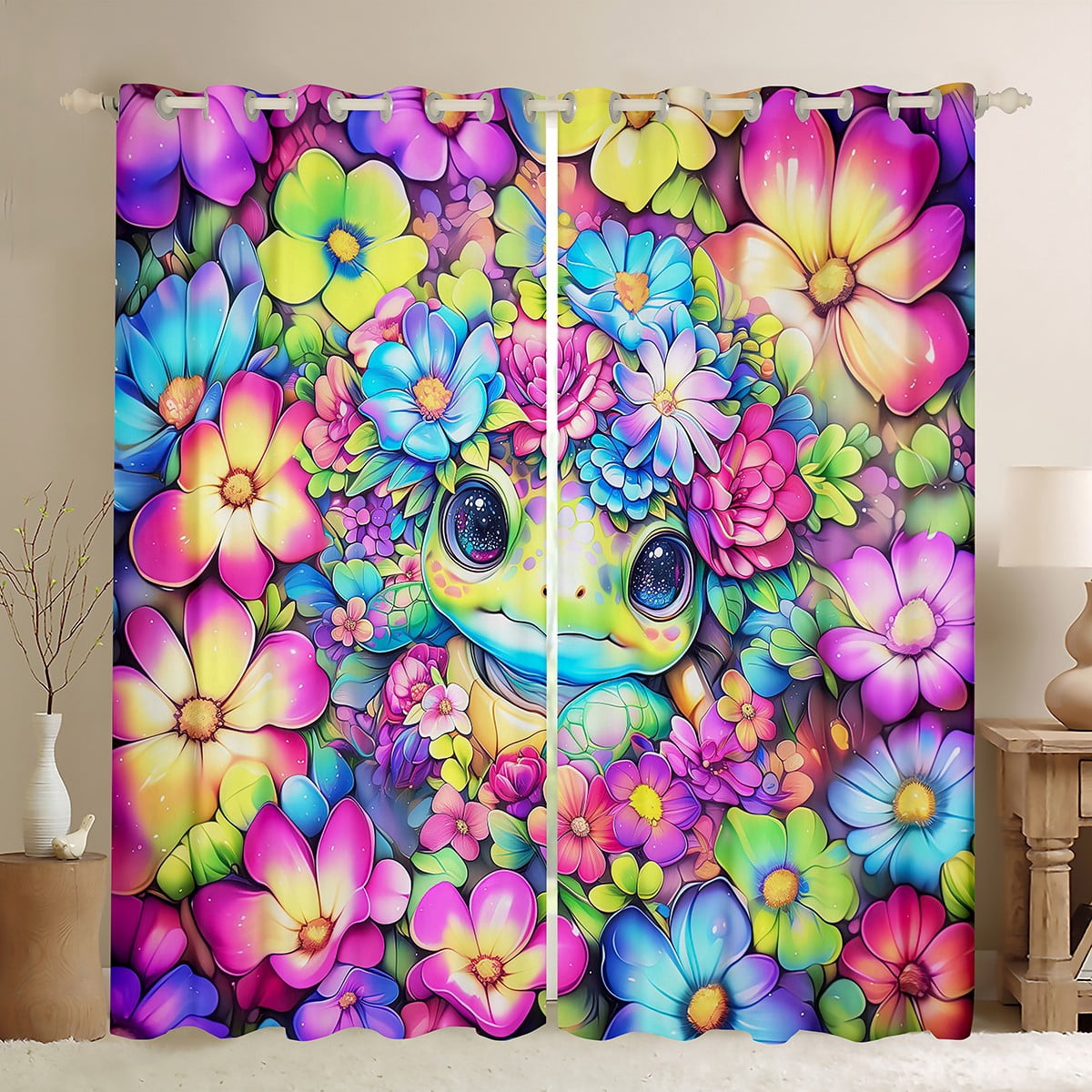 Cute Sea Turtle Window Curtain,Hippie Colorful Flower Curtains Adult ...
