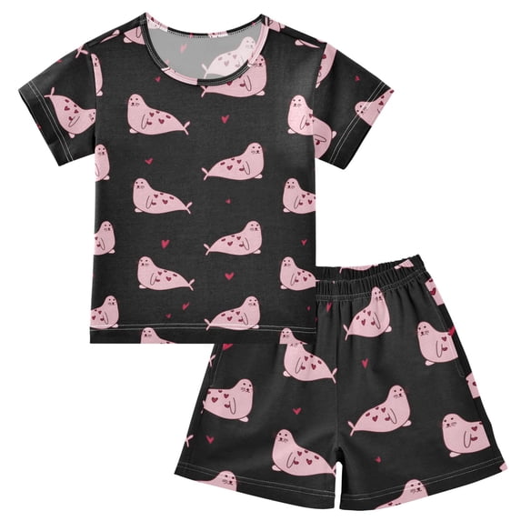 Cute Seal Pattern Summer Pajama Set Soft Cotton Short Sleeve Sleepwear ...