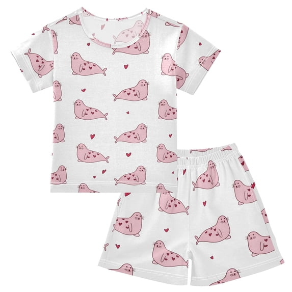 Cute Seal Pink Pattern Summer Pajama Set Soft Cotton Short Sleeve ...