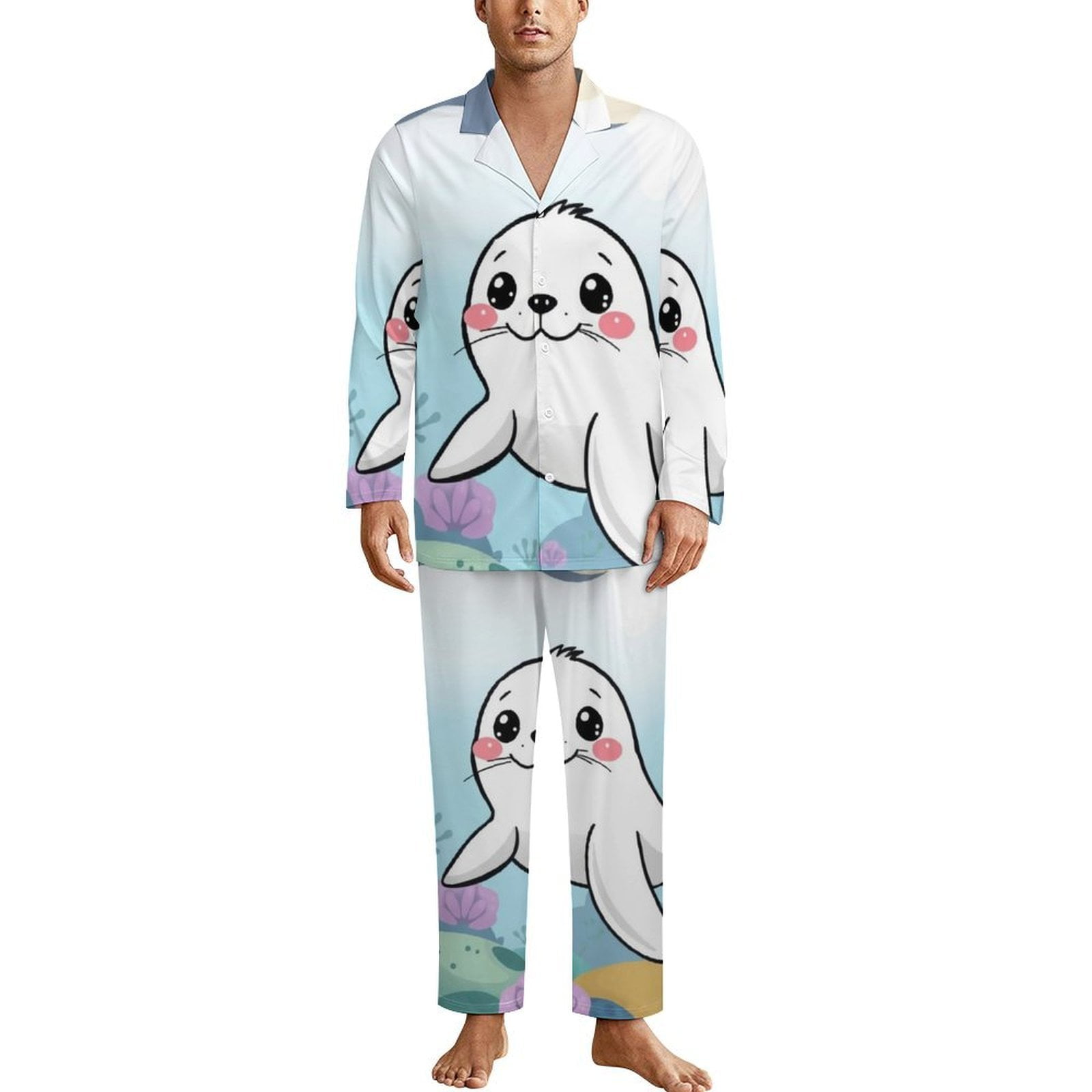 Cute Seal Sleepwear Autumn Casual Oversize Pajama Sets Man Long Sleeves ...