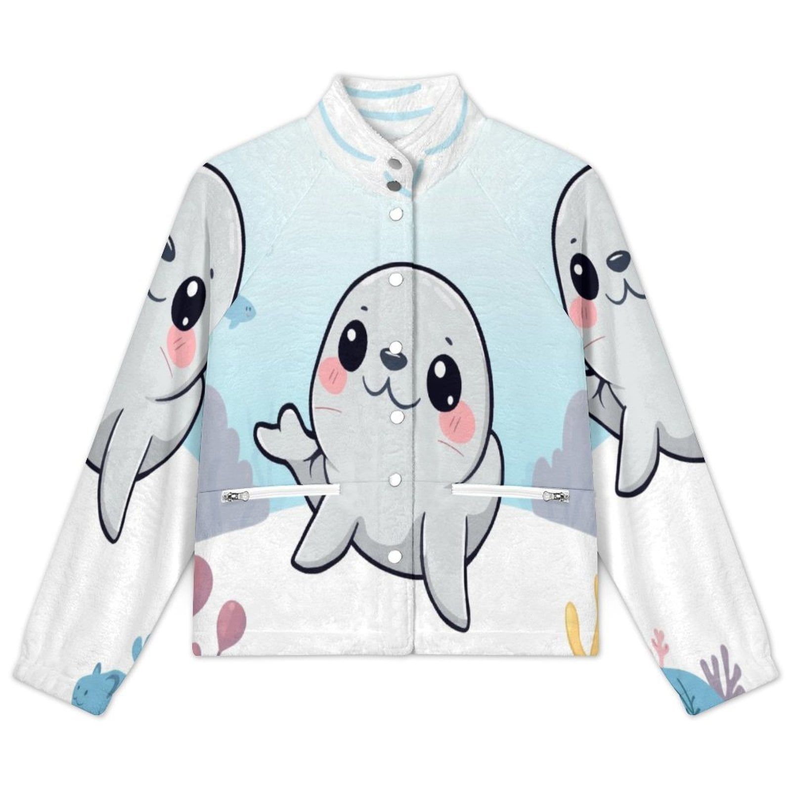 Cute Seal Warm Women's Plush Jacket Stand Collar Full Sleeve With ...
