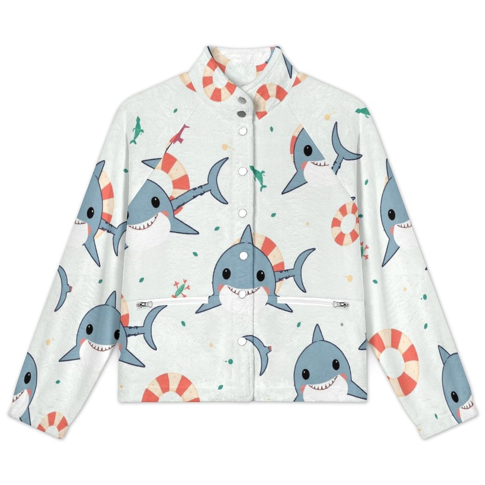 Cute Shark Pattern Fall Winter Women Jacket Stand Collar Thick Plush ...