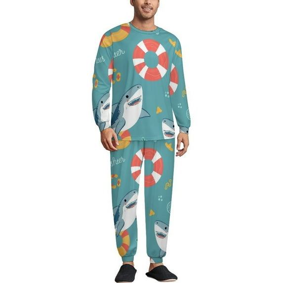 Cute Shark Summer Fun Pajamas Men Home Suit Winter Long Sleeve 2 Piece ...