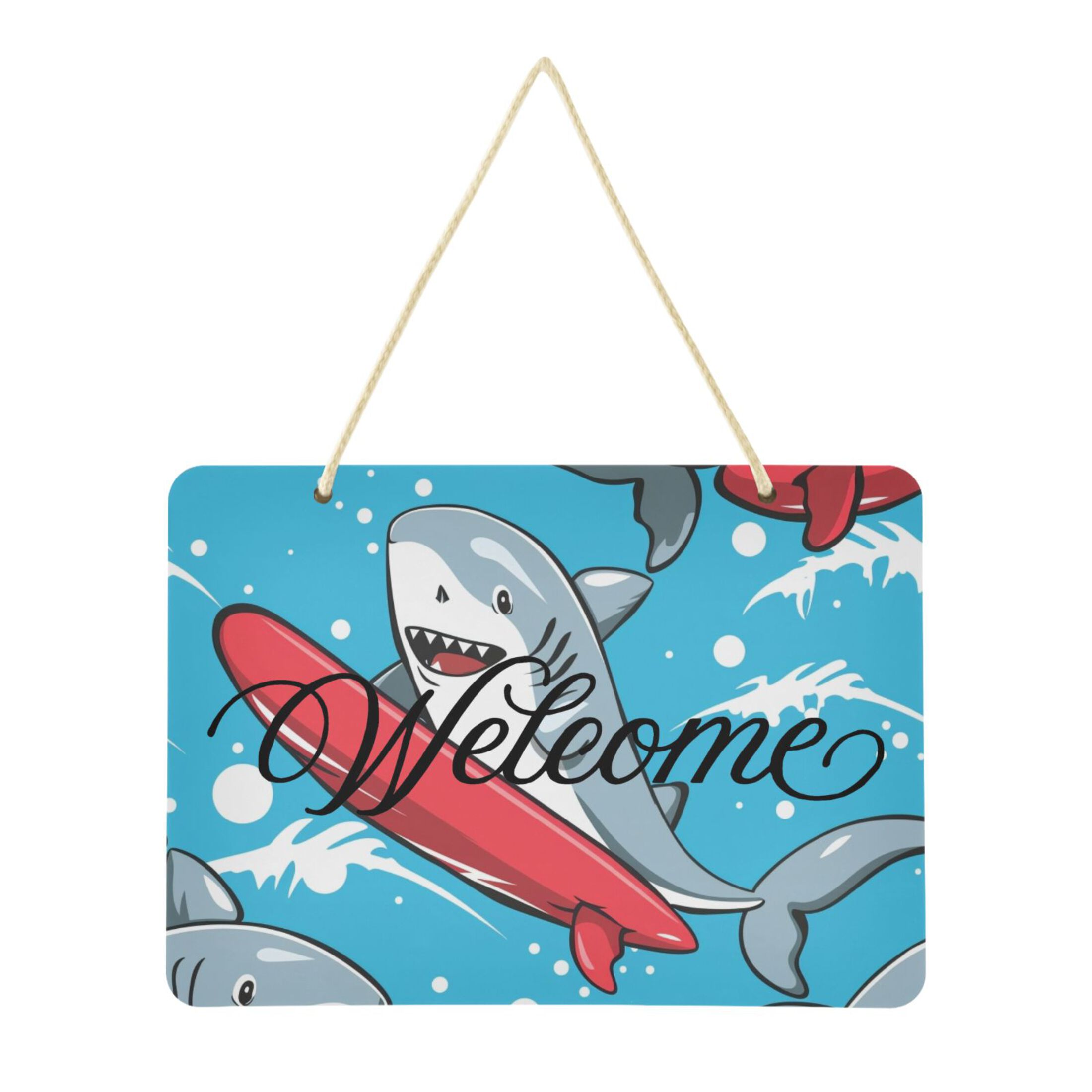 Cute Sharks Surfing Welcome Sign Front Door PVC 14x10 inch Hanger Hello ...