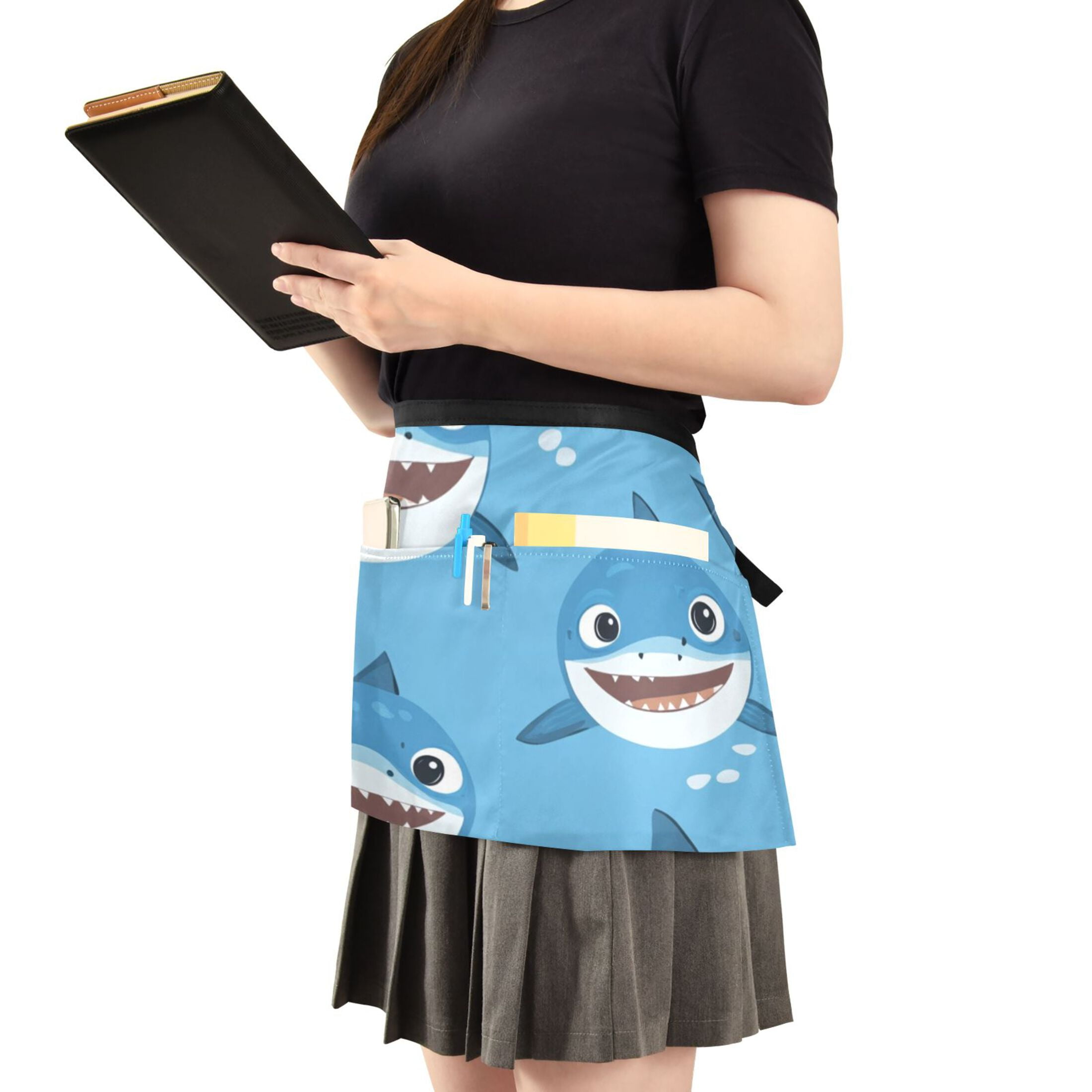 Cute Sharks on Blue Server Apron with 3 Pockets Waist Apron for Waiter ...