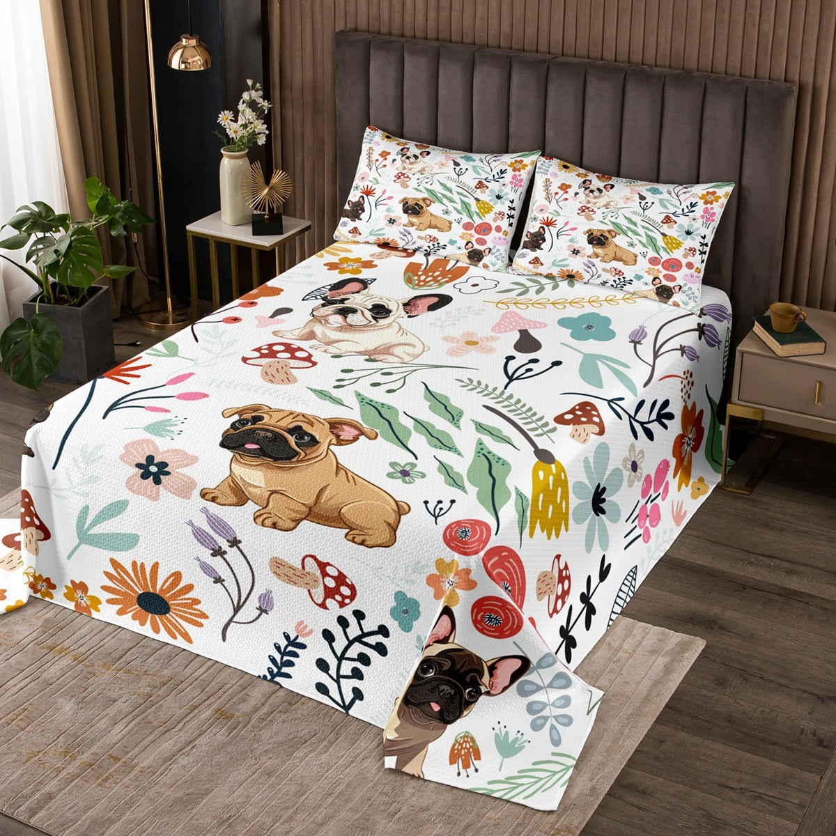 Cute Sharpei Dog King Bedspread Set ,Mushroom Floral Coverlet Set ...