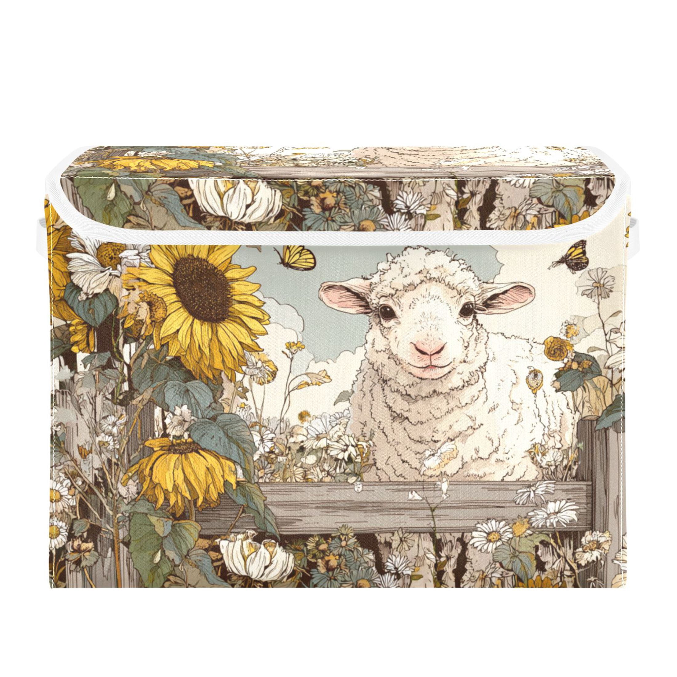 Cute Sheep Behind Barrier with Sunflowers Foldable Storage Bins with ...