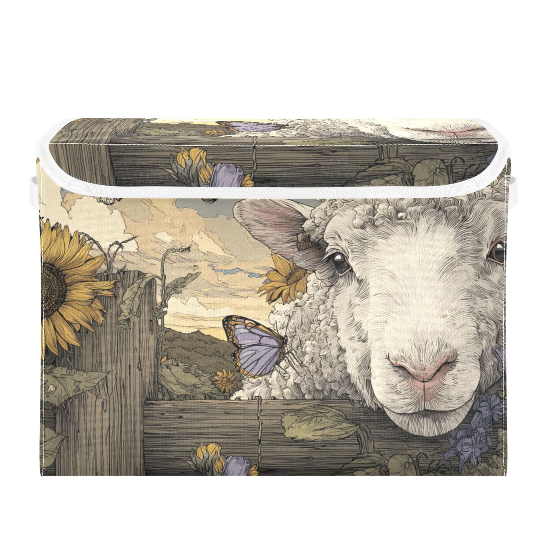 Cute Sheep Behind Fence Flowers Foldable Storage Bins with Lids Handles ...
