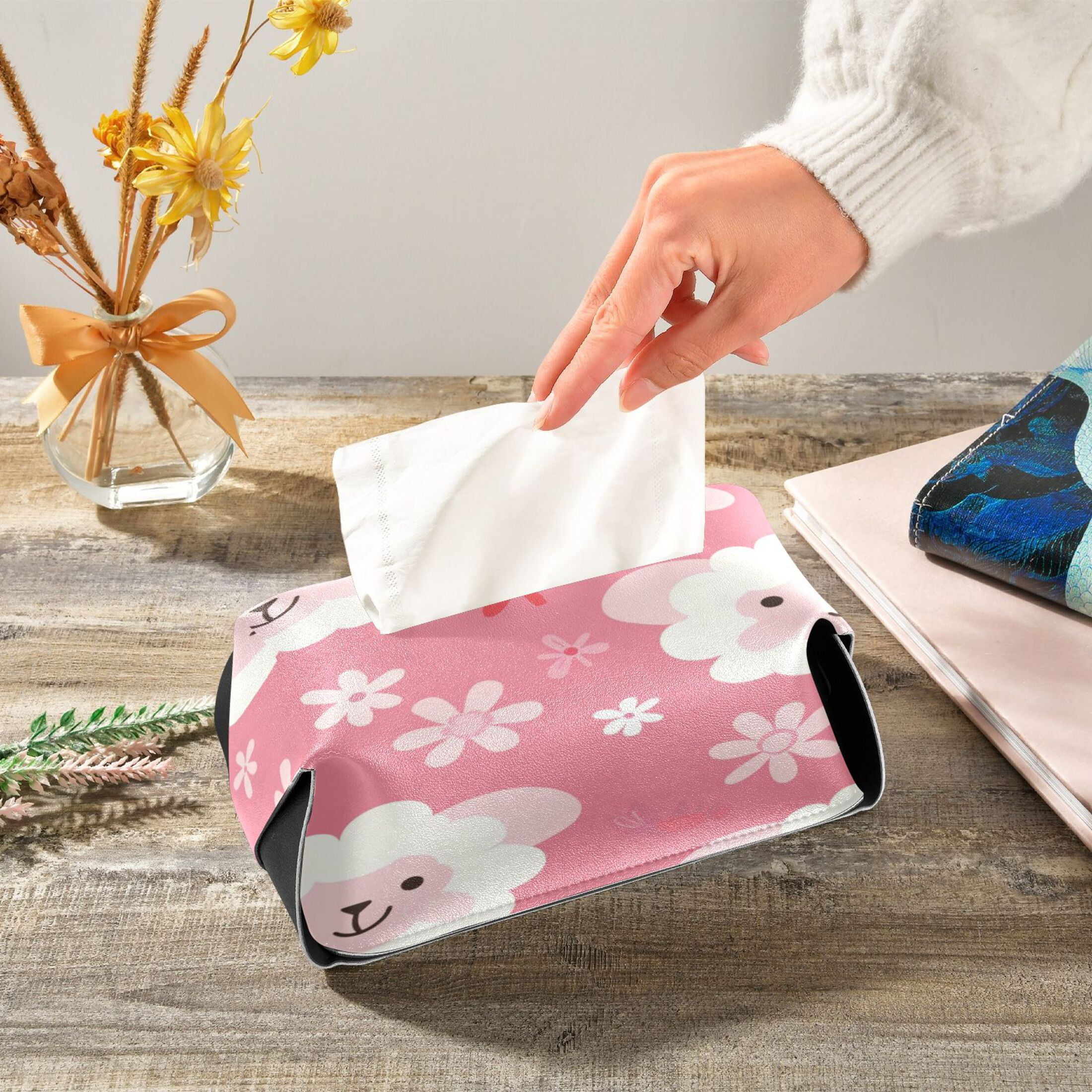 Cute Sheep Cartoon Flowers Leather Tissue Box Cover Rectangle Tissue ...