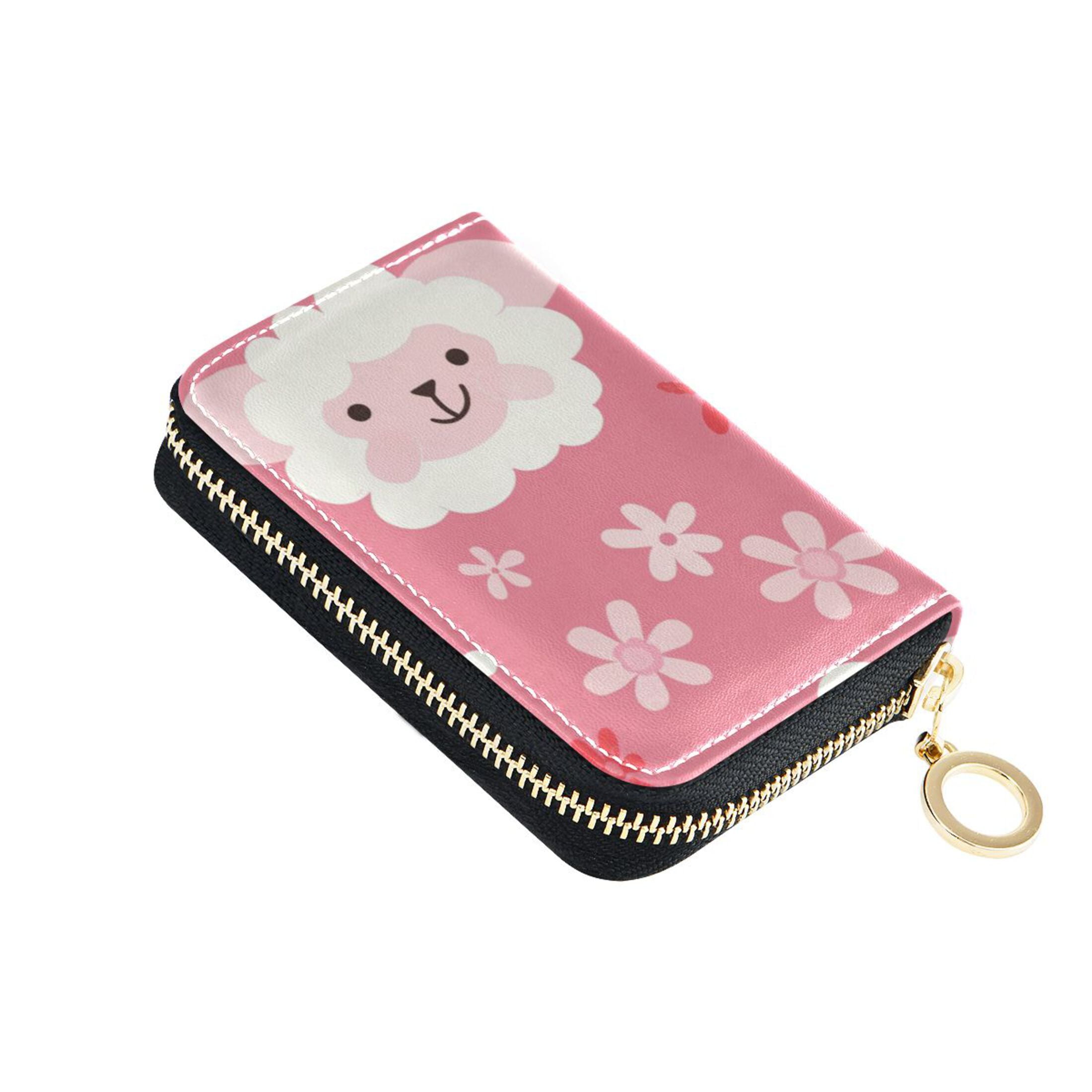 Cute Sheep Cartoon Flowers Women's Credit Card Holder PU Leather Zipper ...