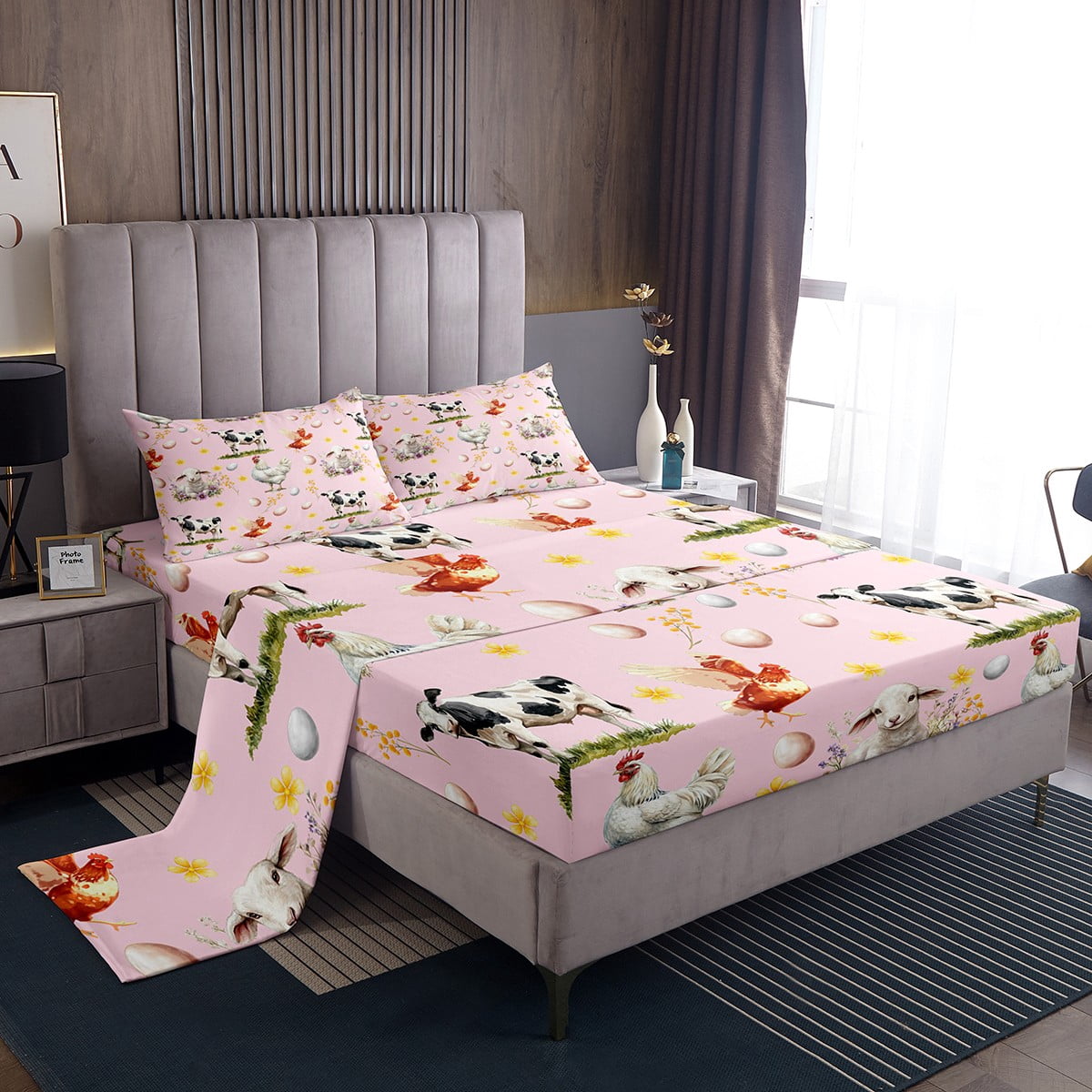 Cute Sheep Chicken Sheet Set Spring Flowers Cow Bedding Set Farmhouse ...