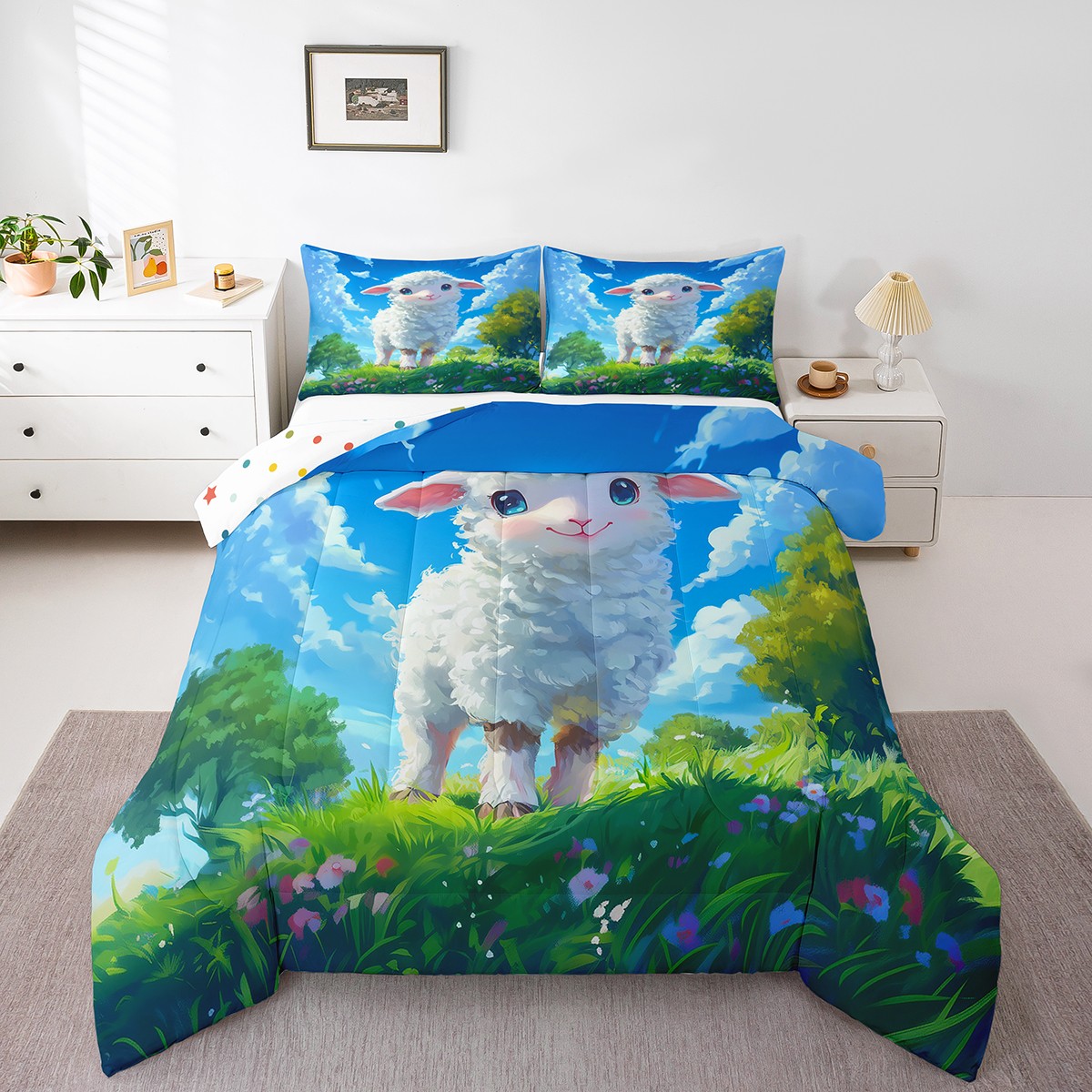 Cute Sheep Comforter Set Twin Size,Botanical Flowers Natural Scenery ...