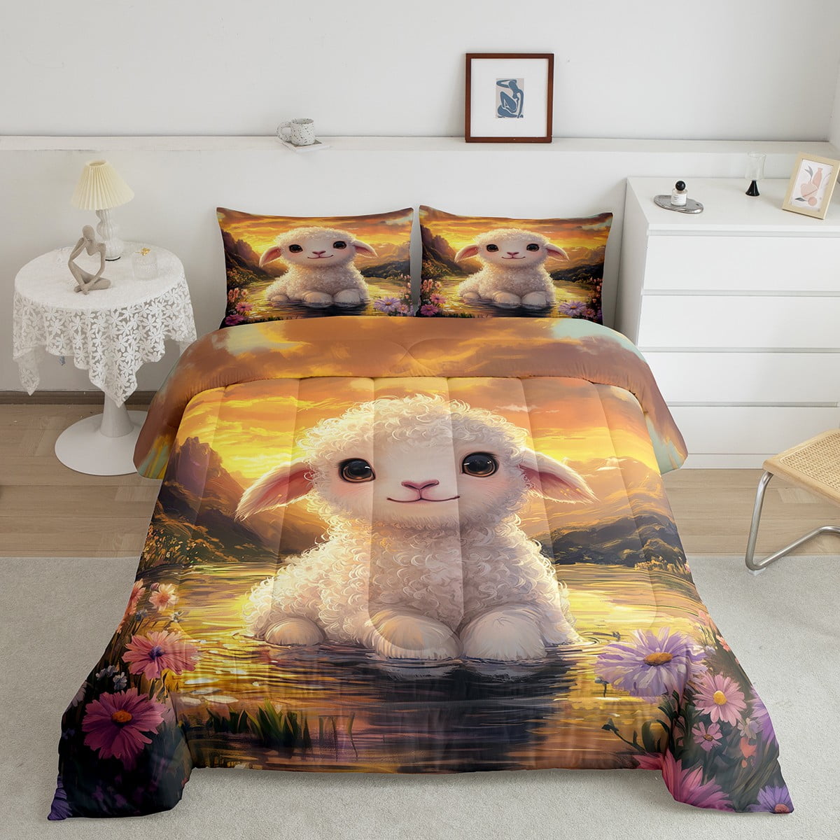 Cute Sheep Comforter Set Twin Size,Daisy Flowers Mountain Lake Bedding ...
