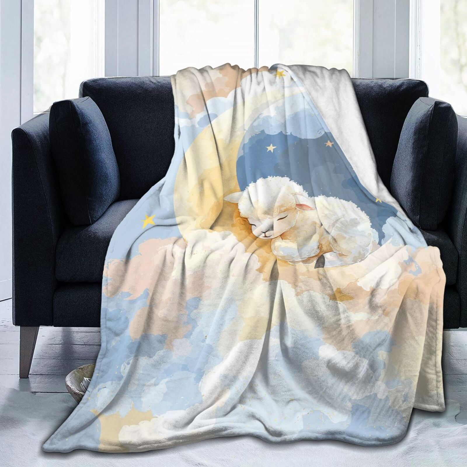 Cute Sheep Pattern Throw Blanket, Dense Cloud Doodle Artwork, Playful ...