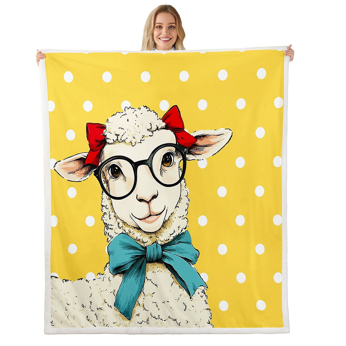 Cute Sheep Throw Blanket,Rustic Farmhouse Animal Teal Bow-tie Kawaii ...