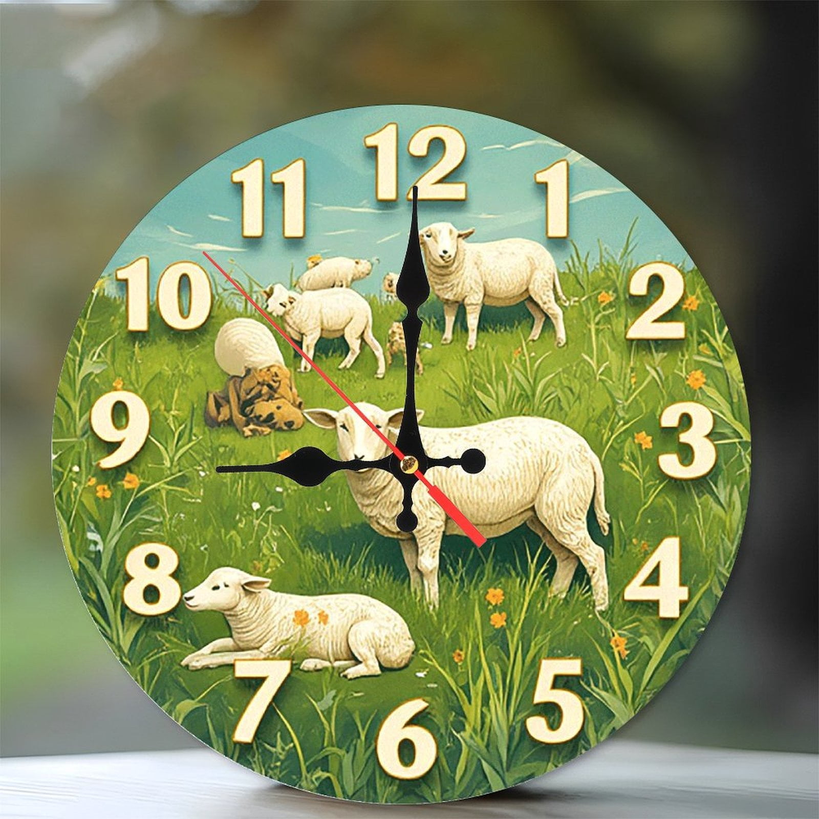 Cute Sheep Wall Clock Pastoral Farm Animals 10-Inch Silent Wooden Wall ...