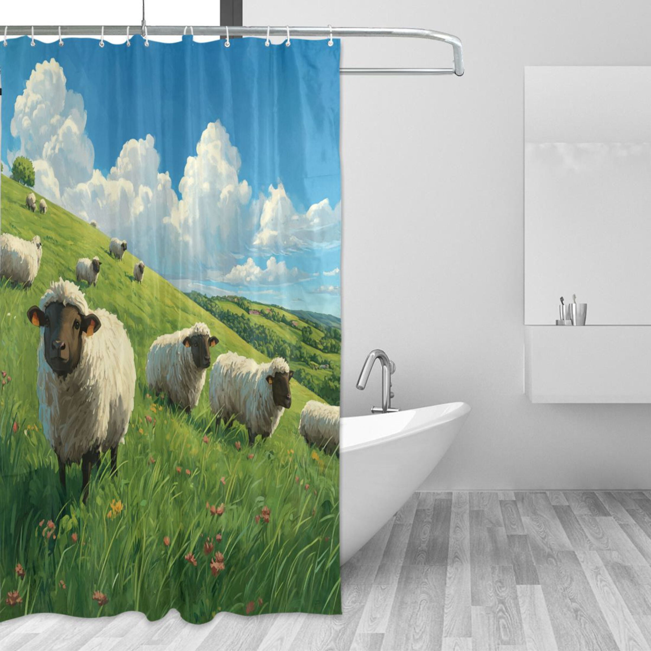 Cute Sheep on Grassland Clouds Shower Curtains with 12 Hooks Waterproof ...