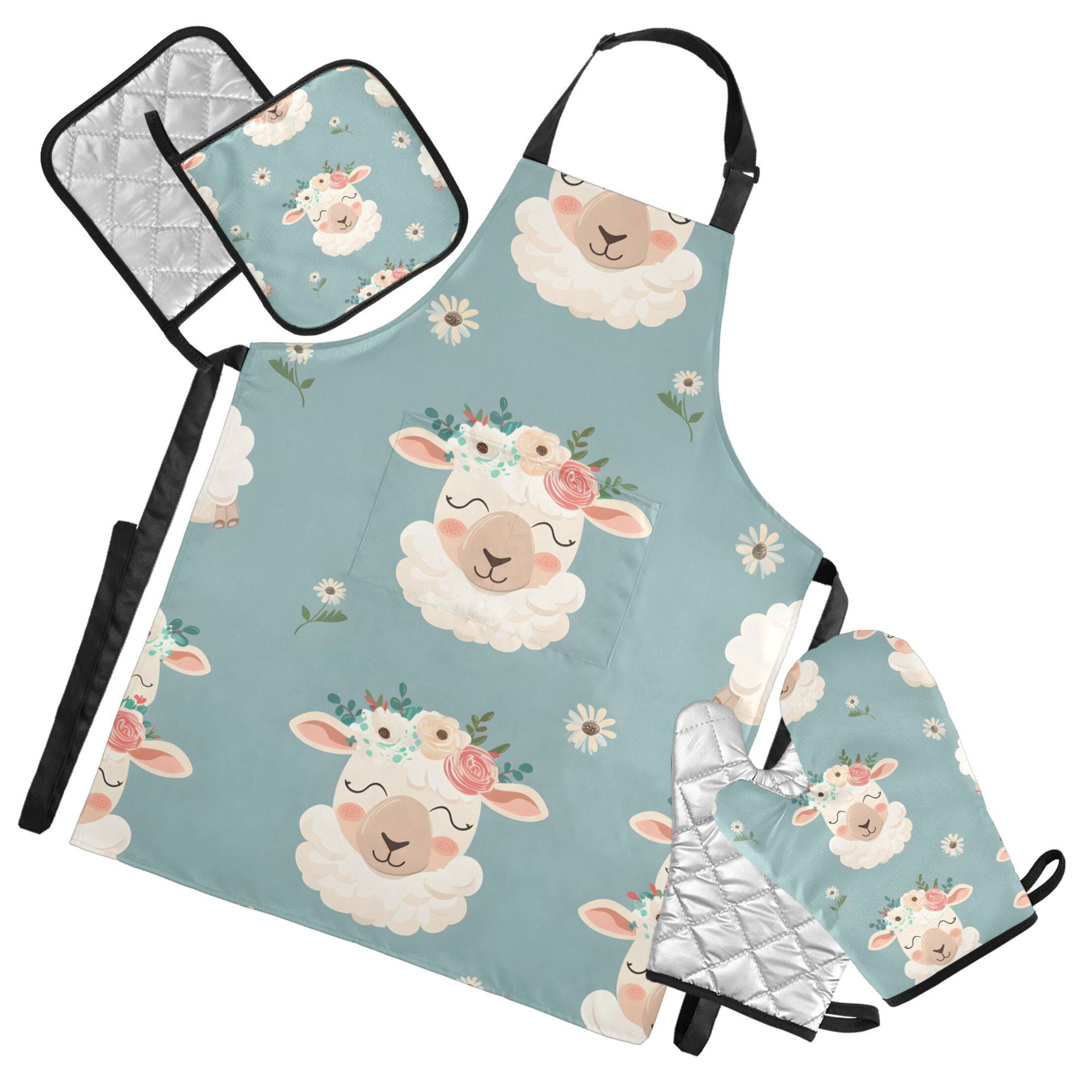 Cute Sheep with Wreath 5 Pcs Kitchen Set Heat Resistant Oven Mitts and ...