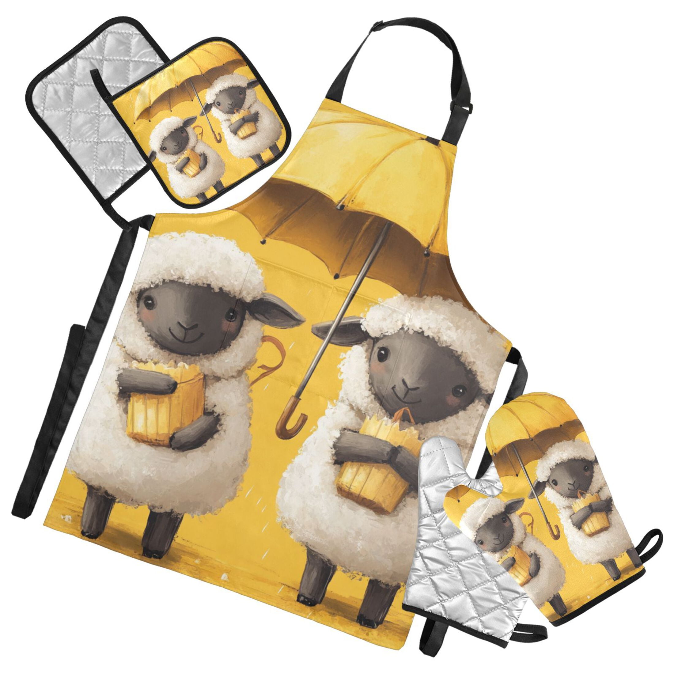 Cute Sheep with Yellow Umbrella Apron Set with Oven Mitts Pot Holders ...
