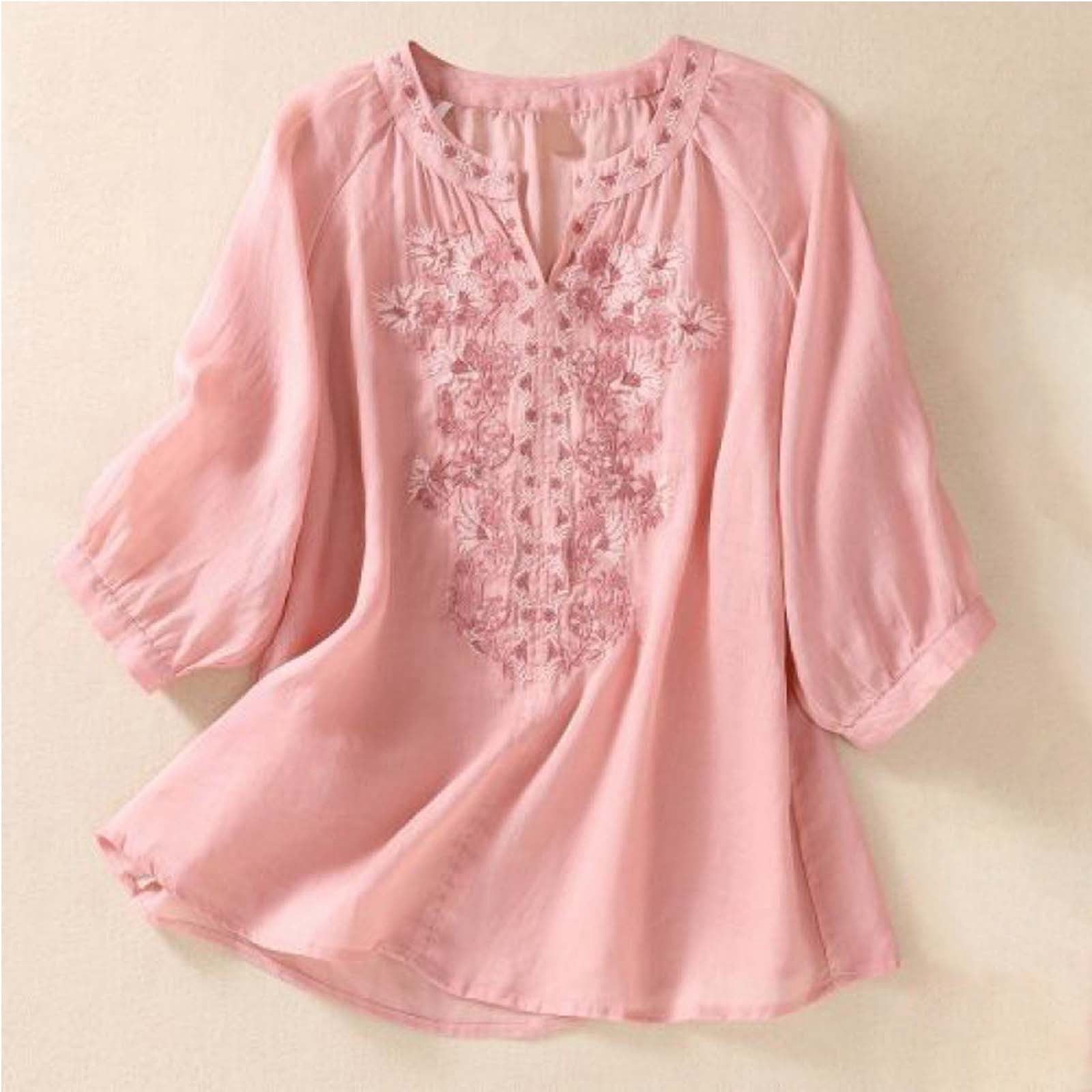 Cute Shirts For Women V Neck 3/4 Sleeve Solid Color Loose Trendy ...