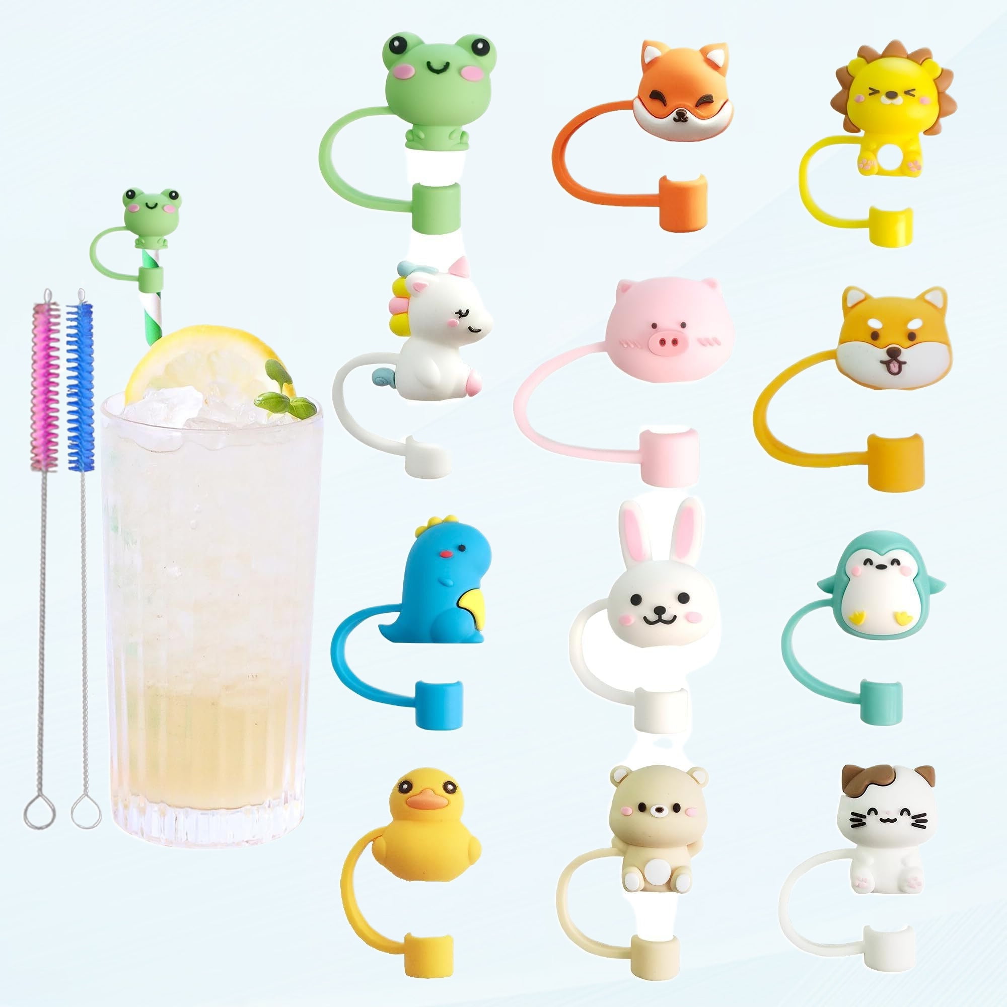 Cute Silicone Straw Covers Set of 12, Animal Theme, Soft Protective ...