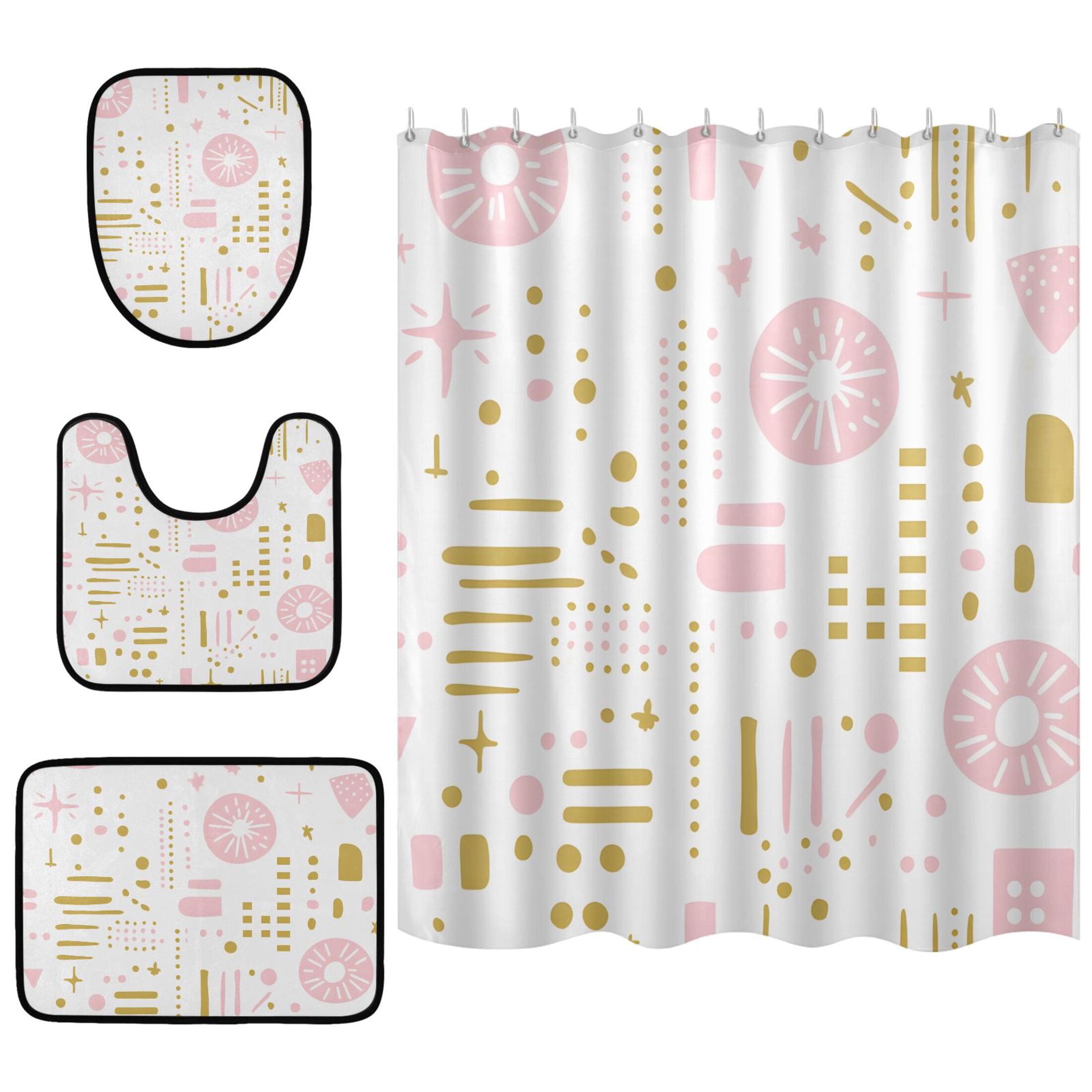 Cute Simple Pattern Shower Curtain Sets 4 Piece Waterproof Bathroom Set ...