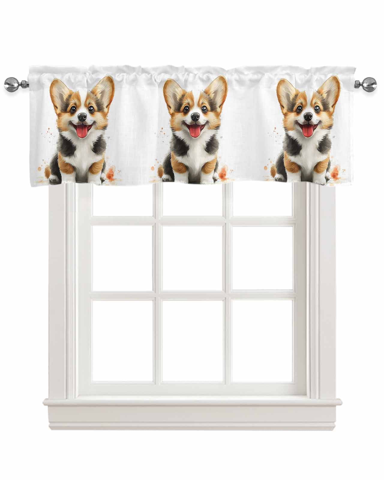 Cute Sitting Dog Kitchen Valances for Windows Farmhouse Linen Window ...