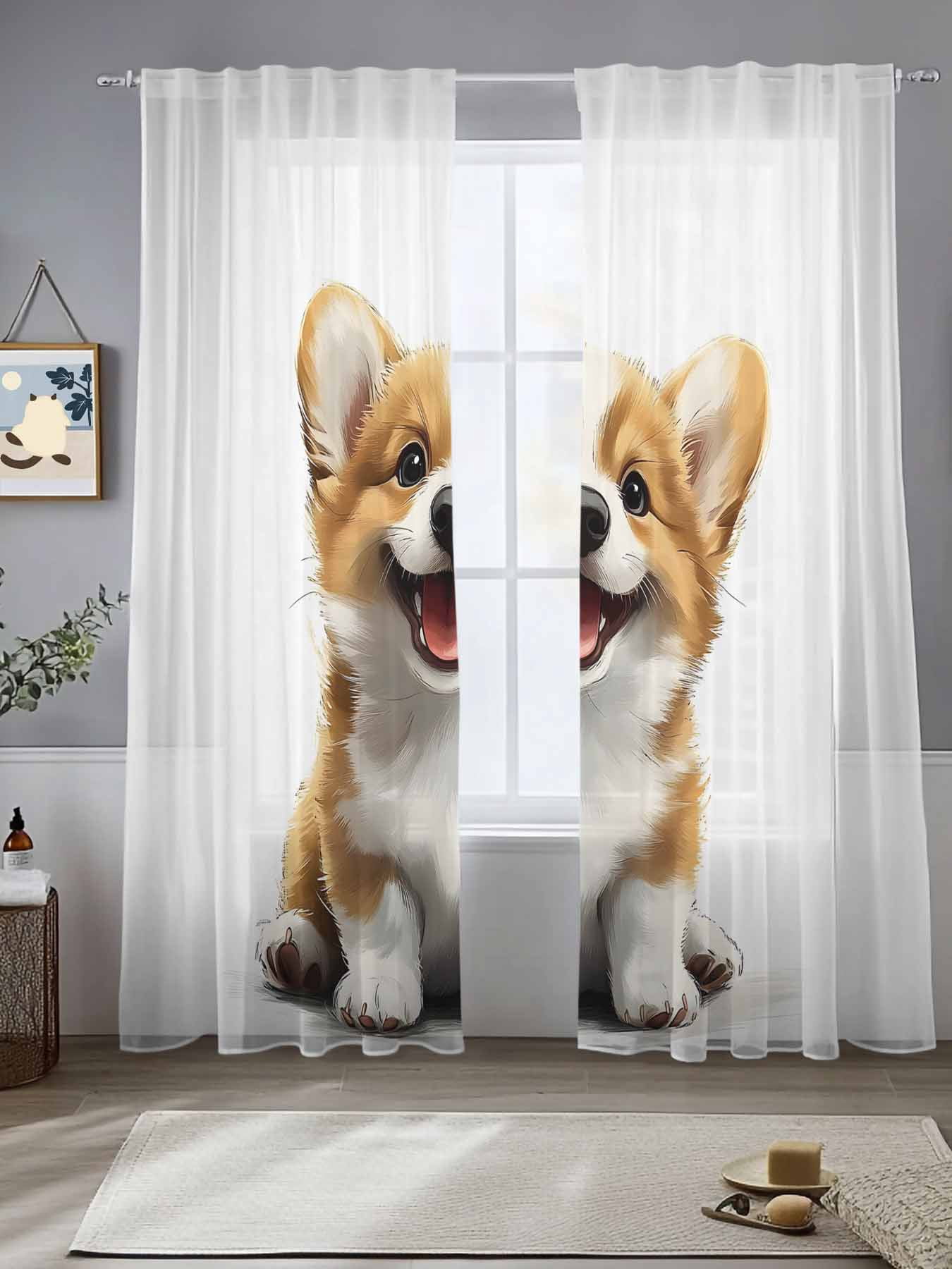 Cute Sitting Dog Sheer Curtains for Living Room Bedroom Modern Puppy ...