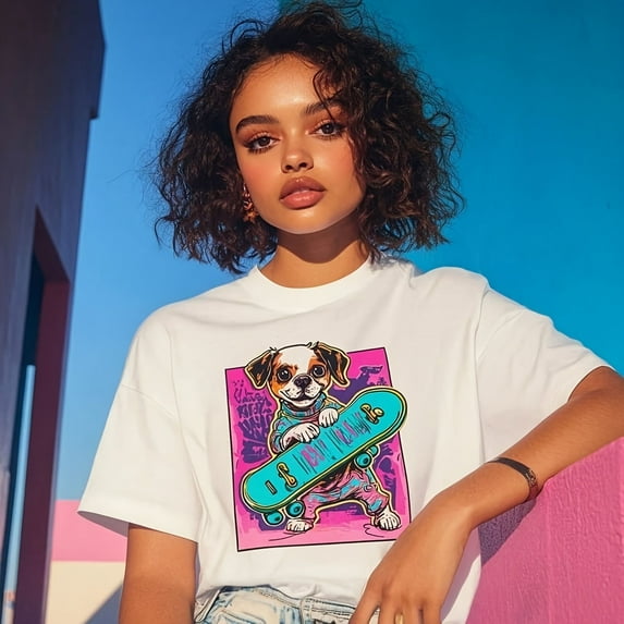 Cute SkateB1Oarding Dog White T-S1Hirt R 90s Puppy Design Fun rtoon ...