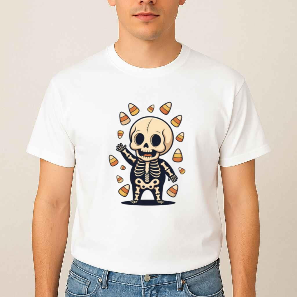 Cute Skeleton Surrounded By Candy Corn For Halloween Unisex T-Shirt up ...