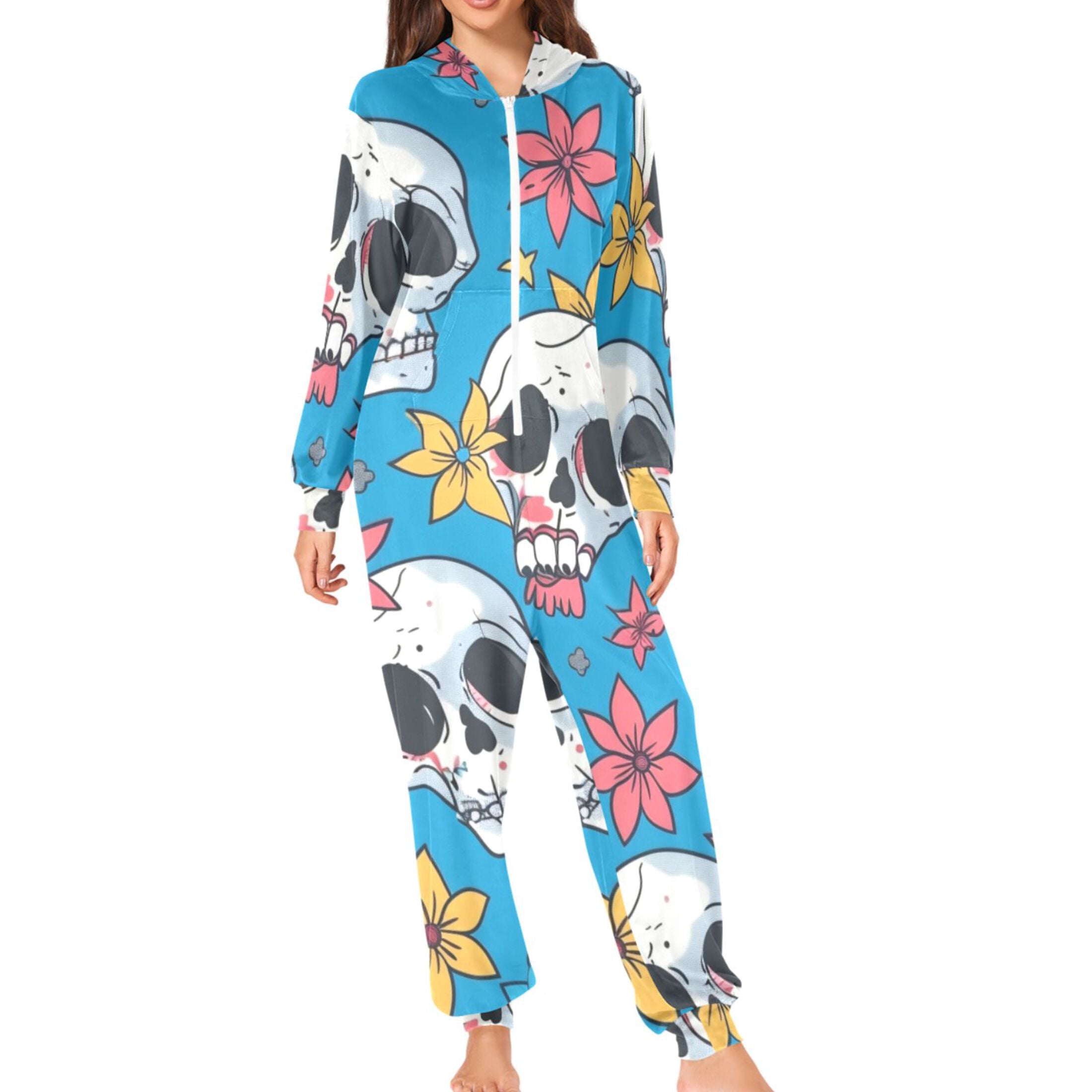 Cute Skull Colorful Flowers Adult's Hoodie Onesie Jumpsuit One-Piece ...