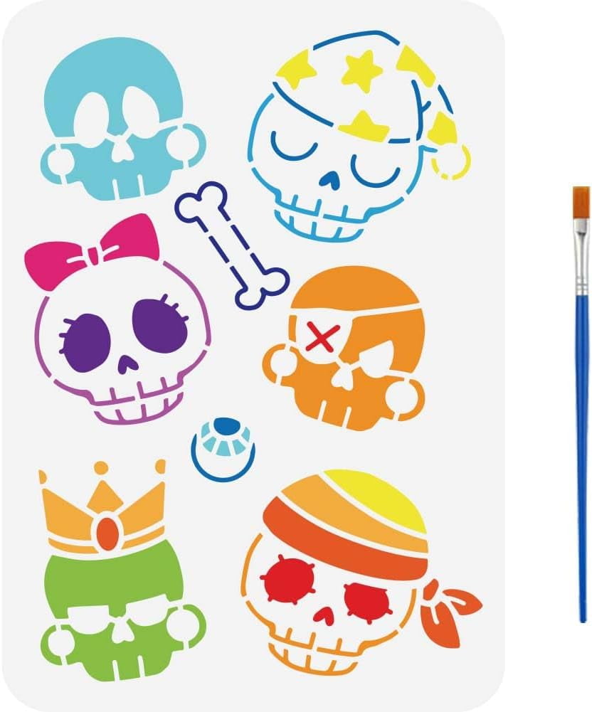 Cute Skull Painting Stencil 8.3x11.7inch with Paint Brush Skull Pattern ...
