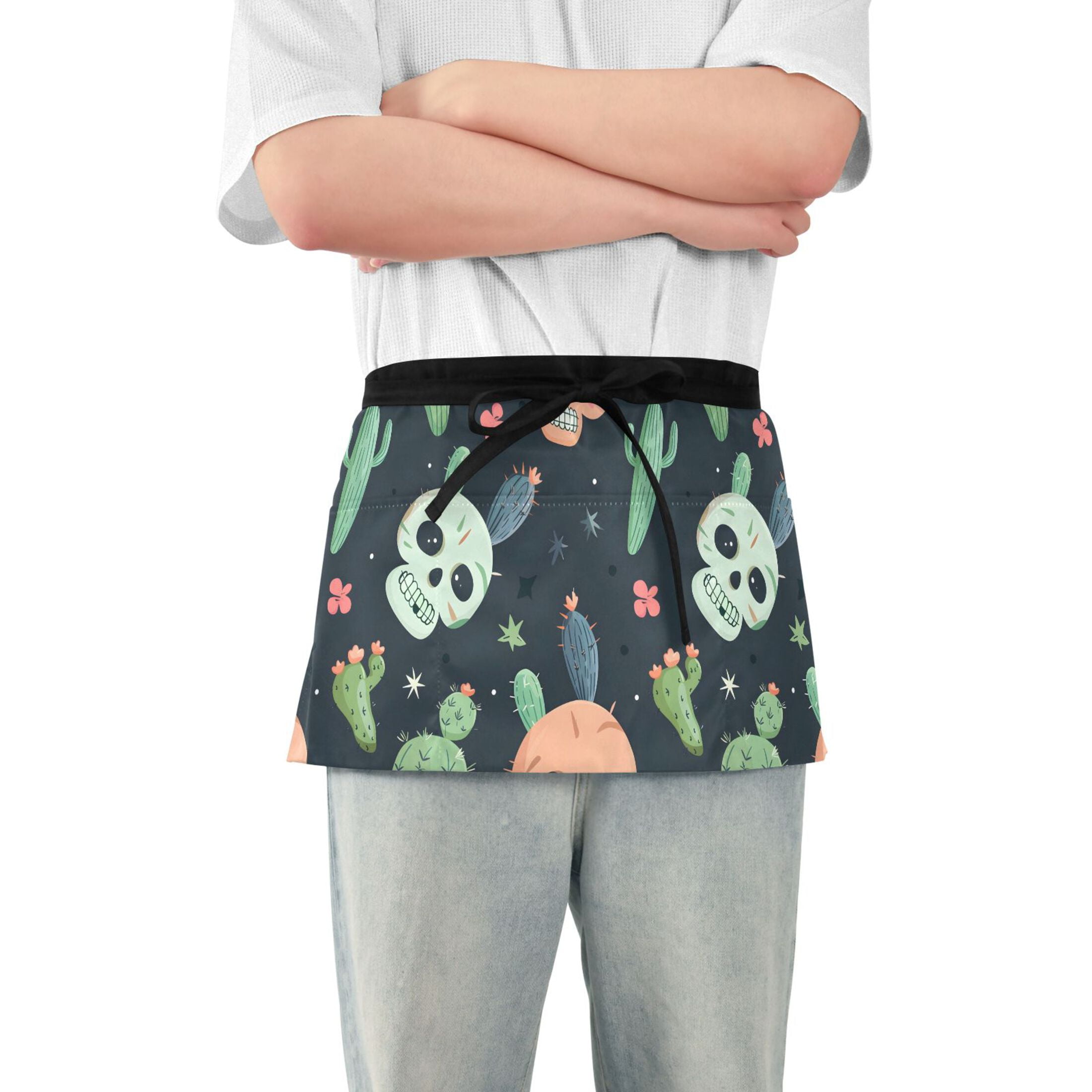 Cute Skull and Cactus Server Apron with 3 Pockets Waterproof Waitress ...