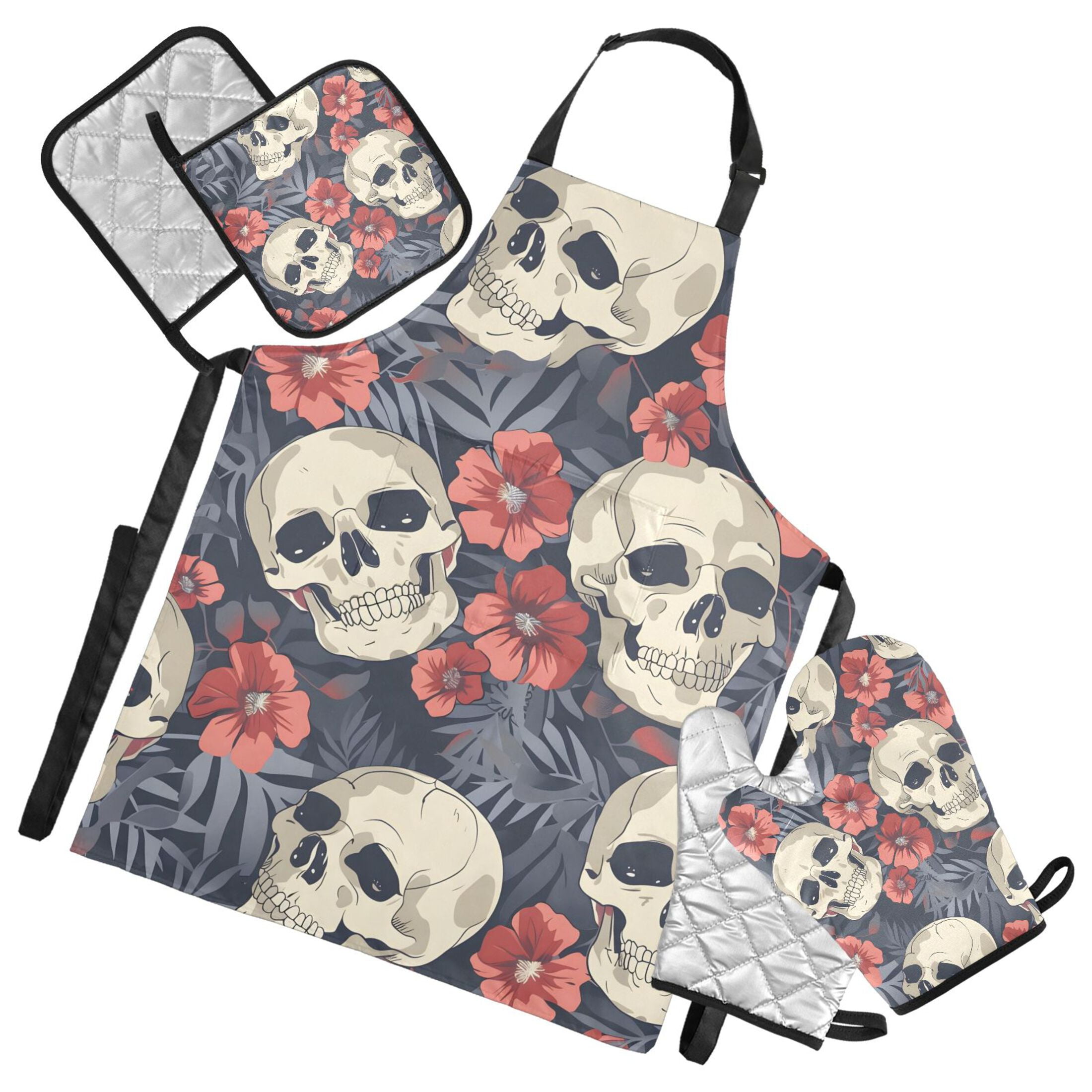 Cute Skulls and Flowers 5 Pcs Kitchen Set Heat Resistant Oven Mitts and ...