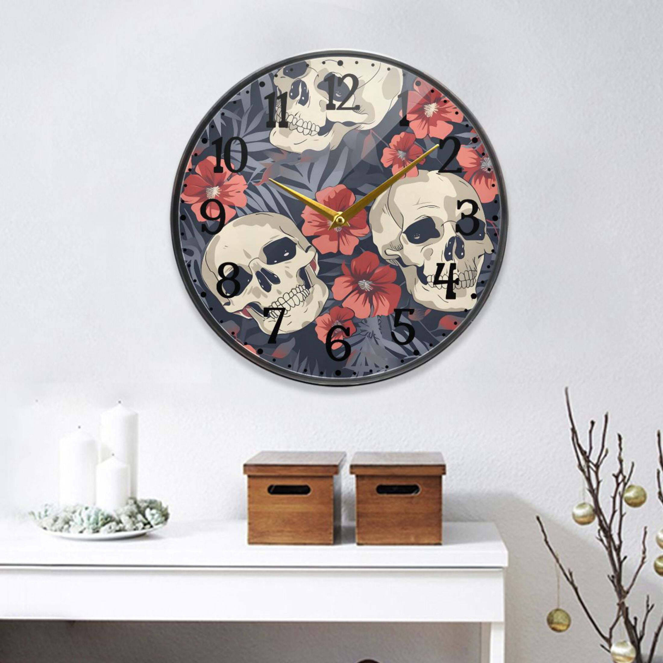 Cute Skulls and Flowers Round Wall Clock 12 Inch Non-Ticking Silent ...