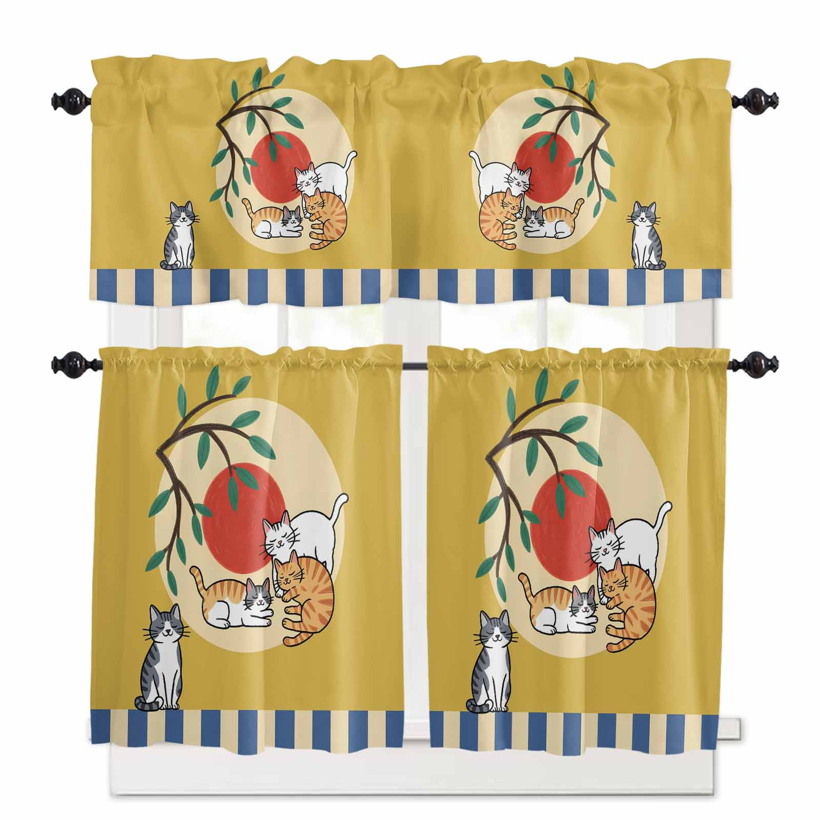 Cute Sleeping Cat Kitchen Curtains Valances and Tiers Sun Leaf Harmony ...