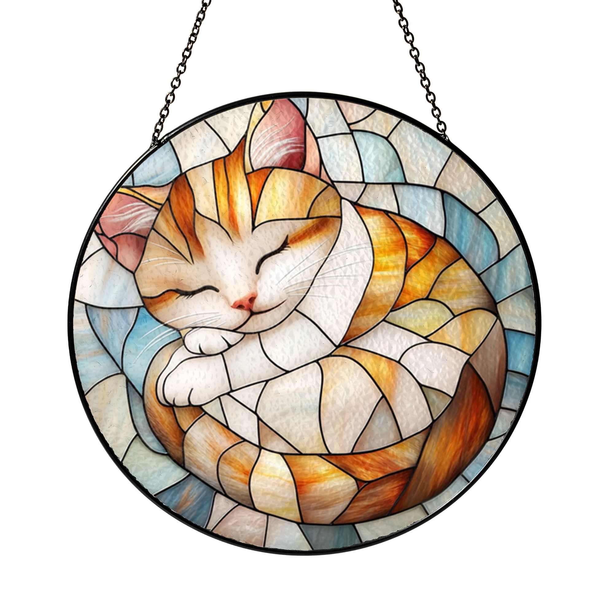 Cute Sleeping Cat Stained Glass Style Window Suncatcher, Cozy Feline ...