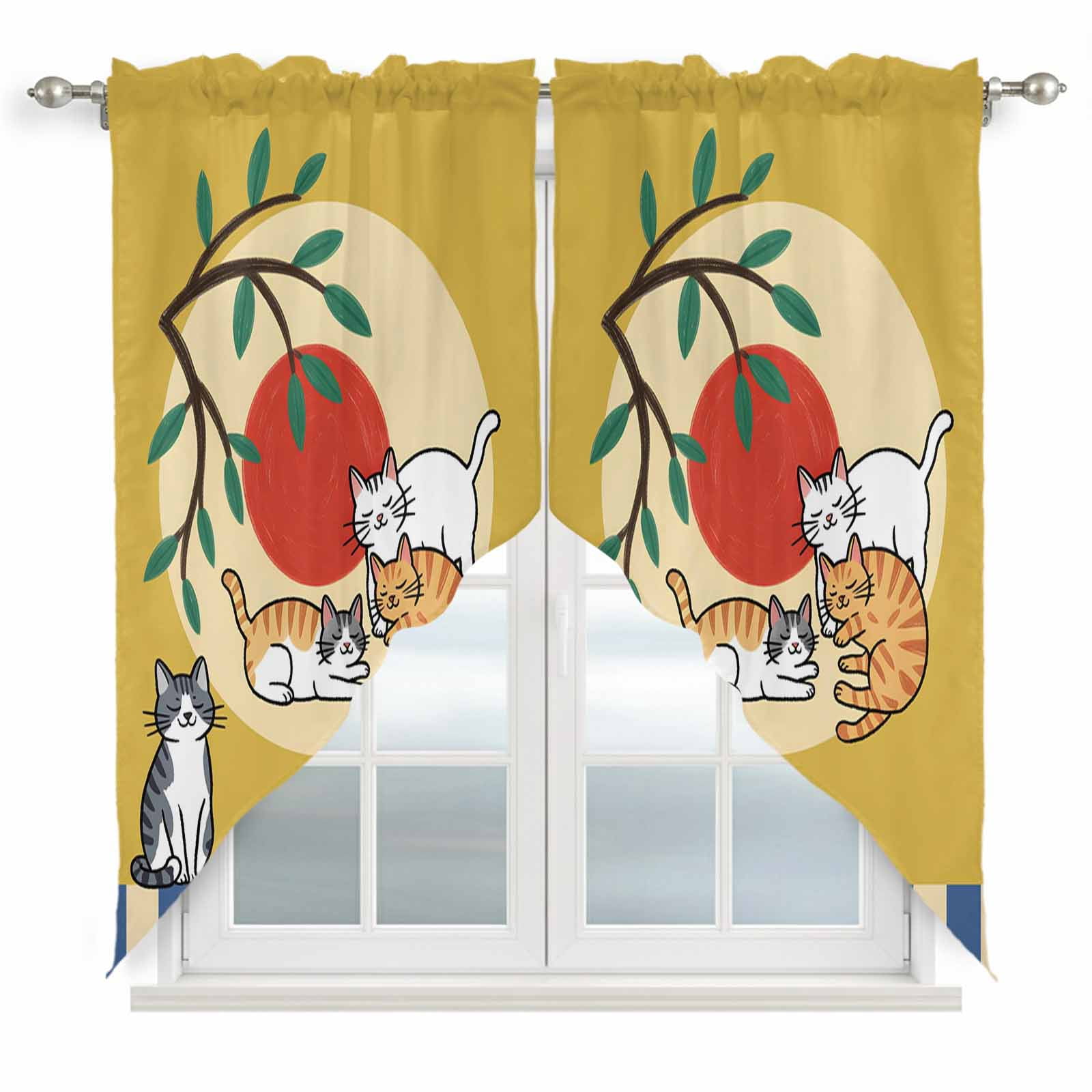 Cute Sleeping Cat Swag Curtain Valance for Window 2 Panels Sun Leaf ...