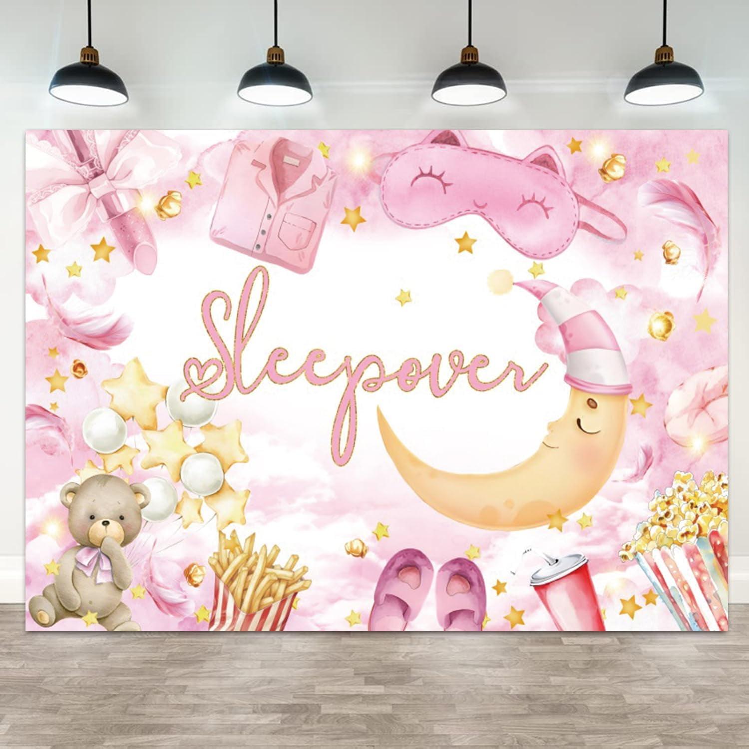 Cute Sleepover Party Backdrop Glitter Moon Stars Balloon Bear Photo ...