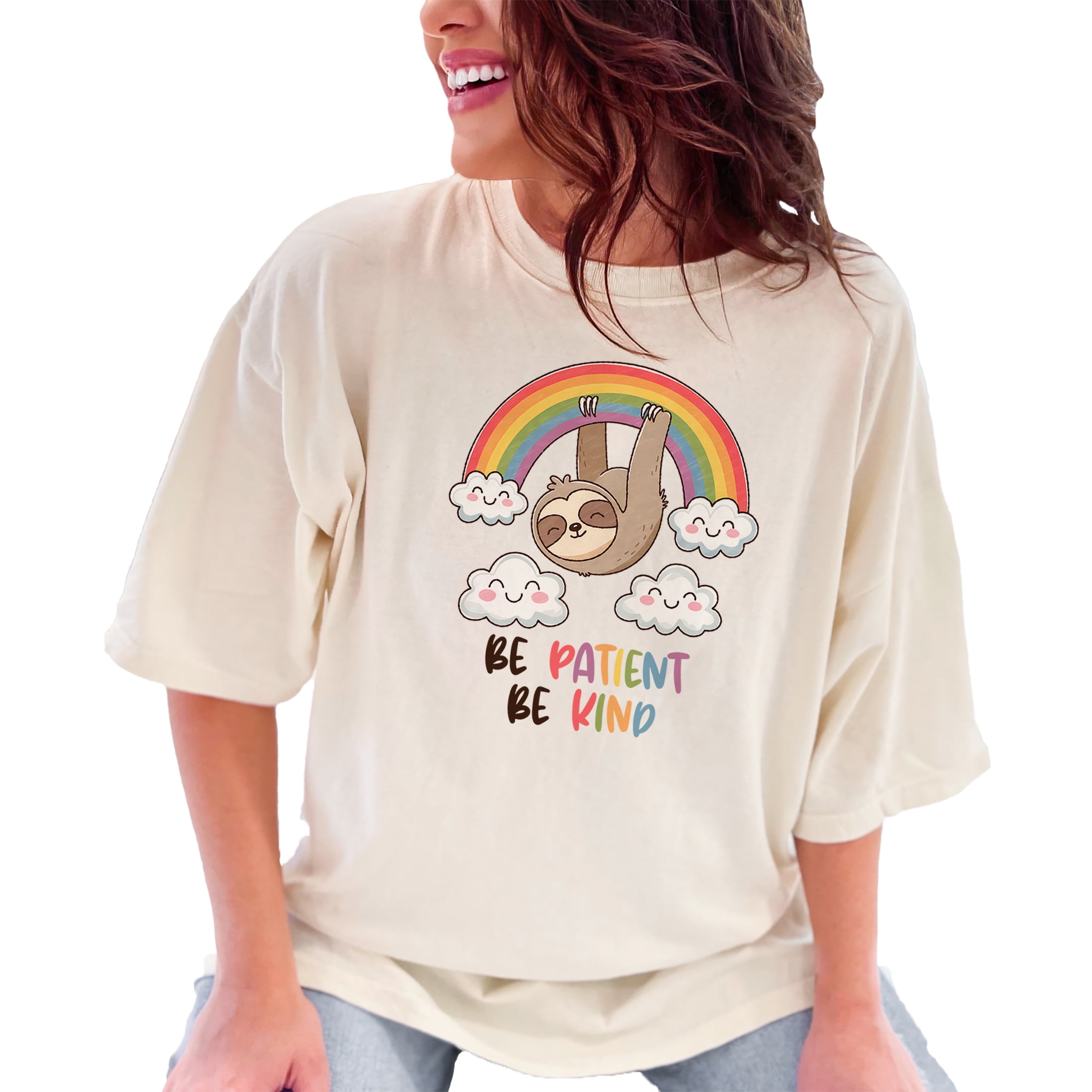 Cute Sloth Be Patient Be Kind T-Shirt, Rainbow Clouds Graphic Tee ...