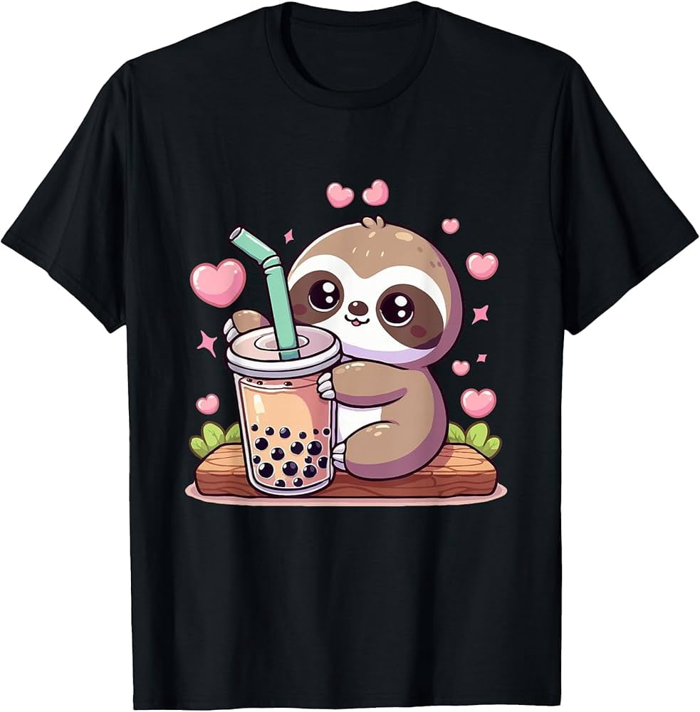 Cute Sloth Boba Bubble Milk Tea Kawaii T-Shirt for Women with Cartoon ...