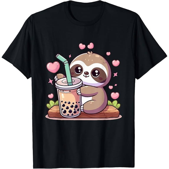 Cute Sloth Boba Bubble Milk Tea Kawaii T-Shirt for Women with Cartoon ...