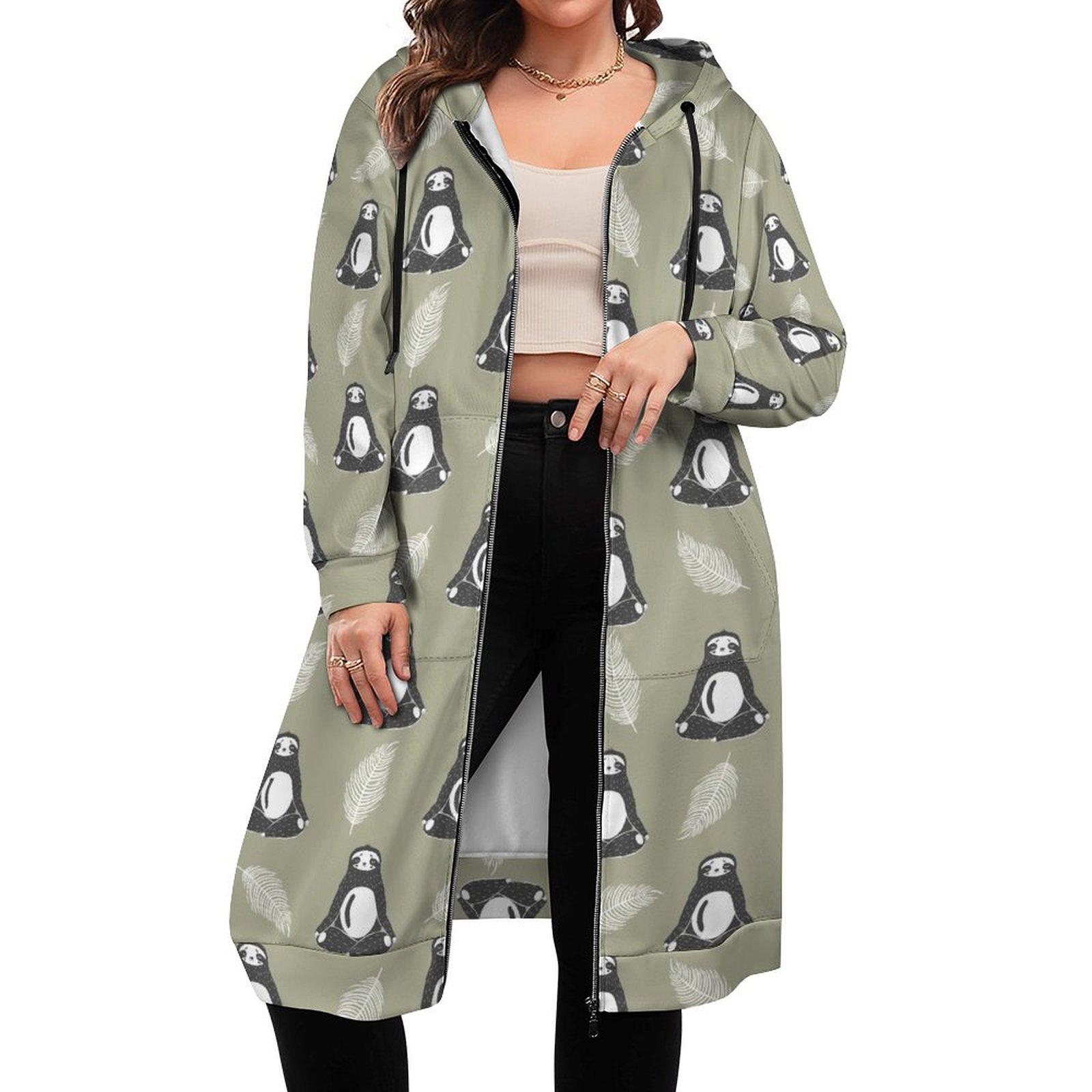 Cute Sloth Doing Yoga Pattern Women's Long Hoodies Zippered Up ...