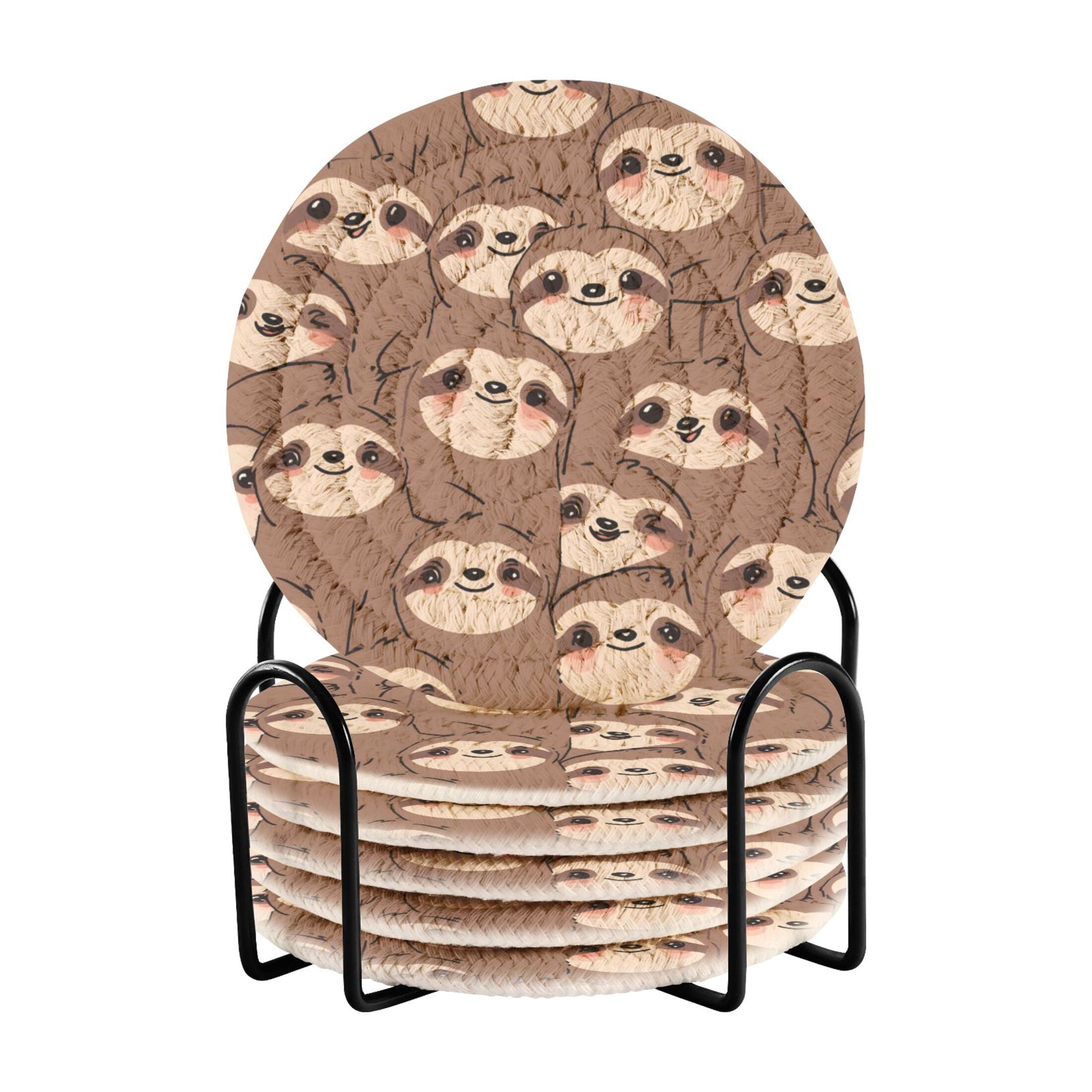 Cute Sloth Face Pattern Bar Coasters 6 Pack Braided Coasters with ...