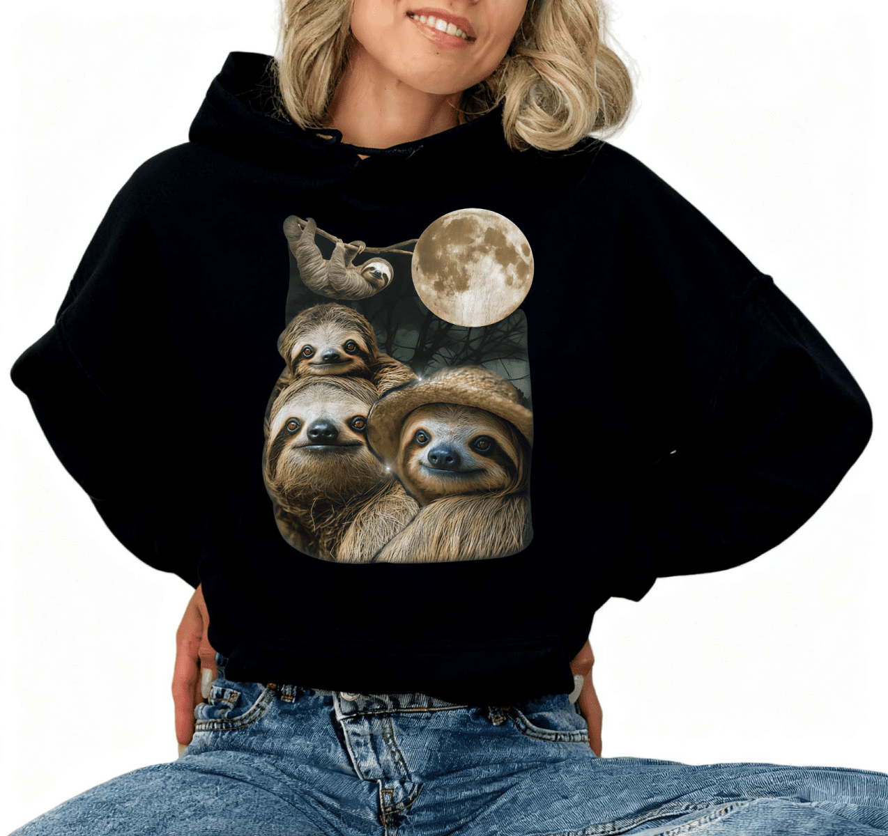 Cute Sloth Graphic Sweatshirt Print Hoodie Black Moon Night Animal ...
