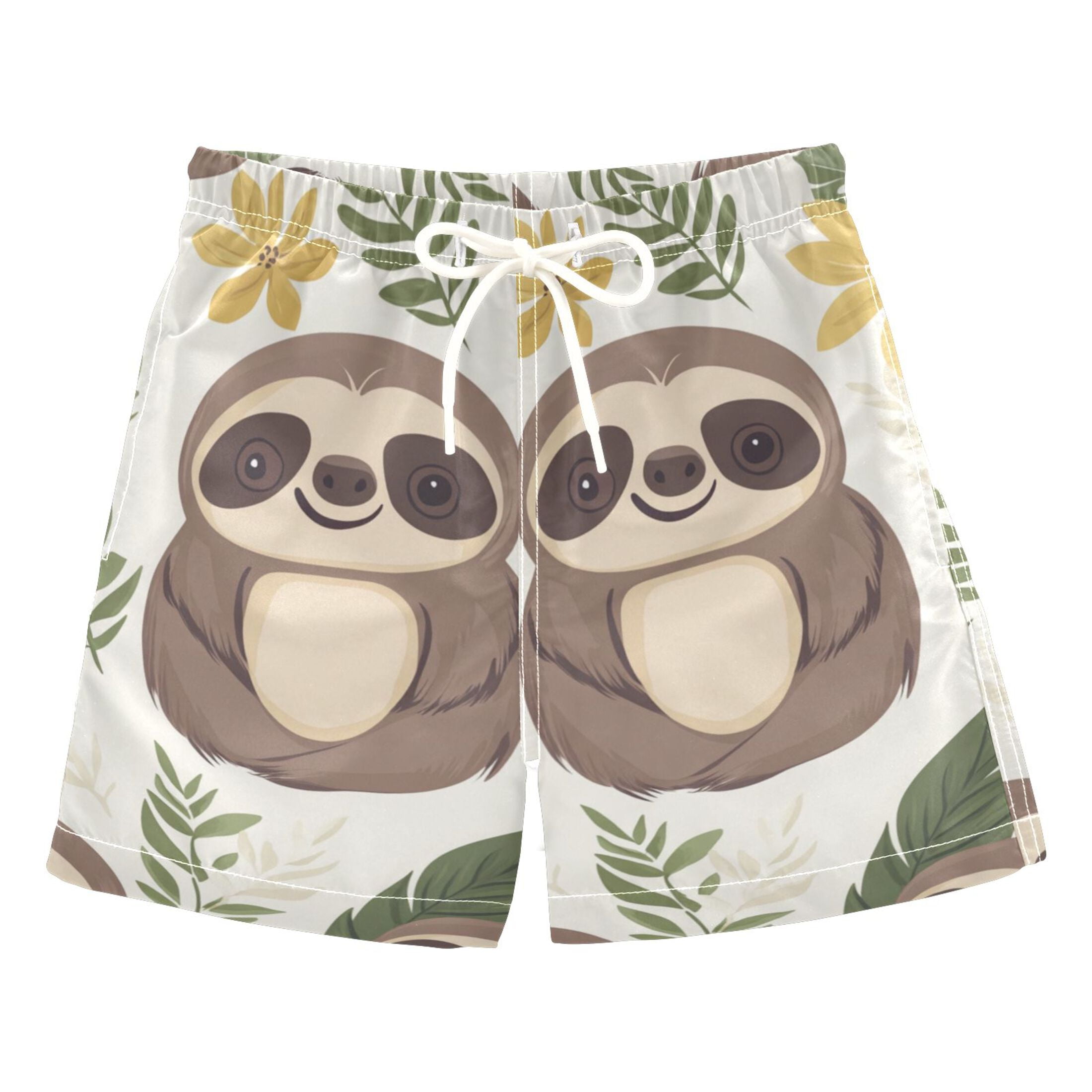 Cute Sloth Leaves Flowers Cartoon Boys' Swim Trunks Board Shorts Beach ...