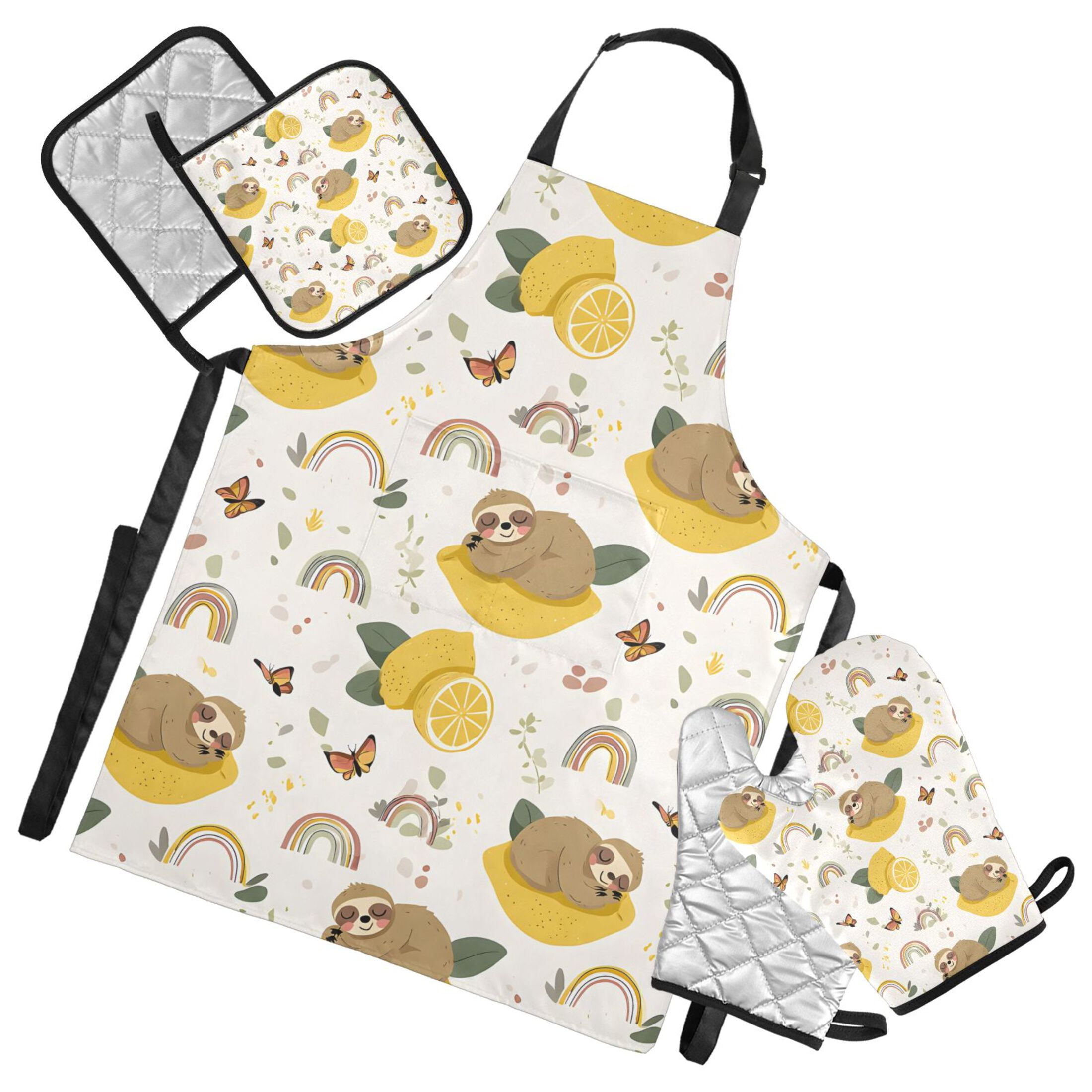 Cute Sloth Lemon Rainbow Butterflies Apron Set with Oven Mitts Pot ...