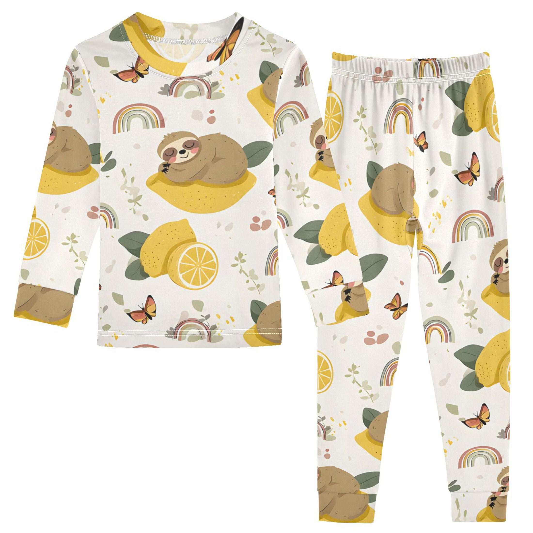 Cute Sloth Lemon Rainbow Butterflies Cotton Pajama Set Long Sleeve Top ...