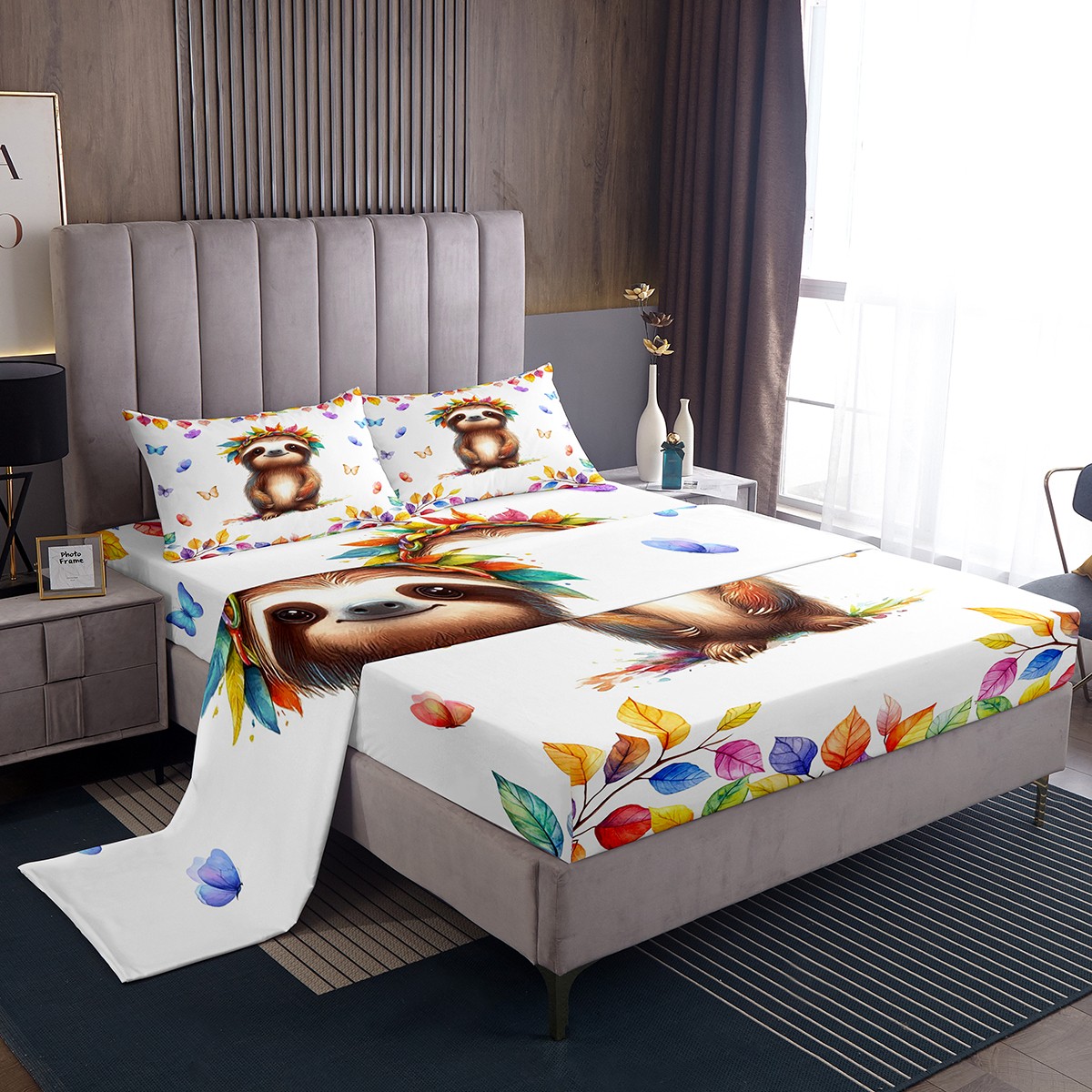 Cute Sloth Queen Sheets Kawaii Animal Bedding, Colorful Leaves Bed ...