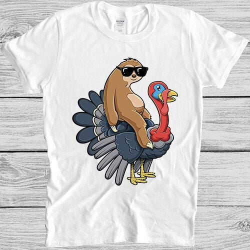 Cute Sloth Riding Turkey Thanksgiving Meme Gift Top Cult Funny Tee T ...